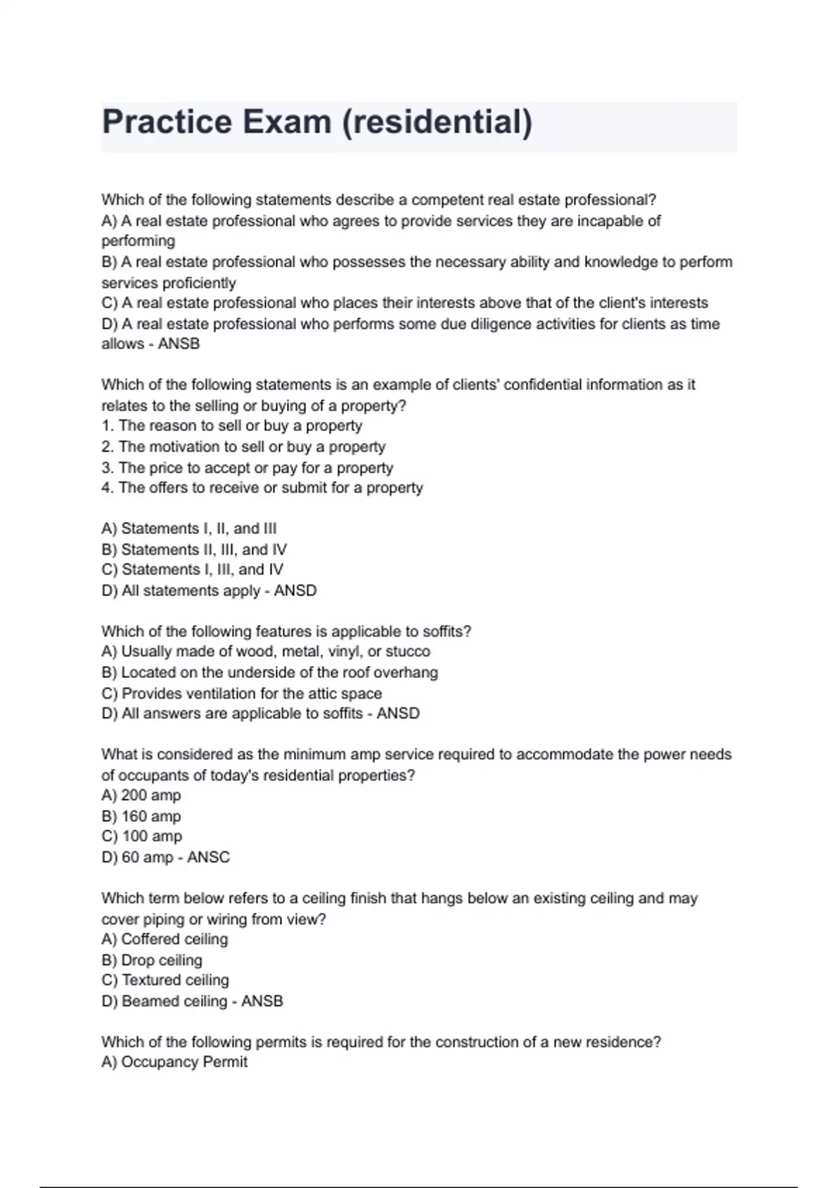 Practice Exam (residential) 2024/2025 (100% verified) A+ grade assured ...