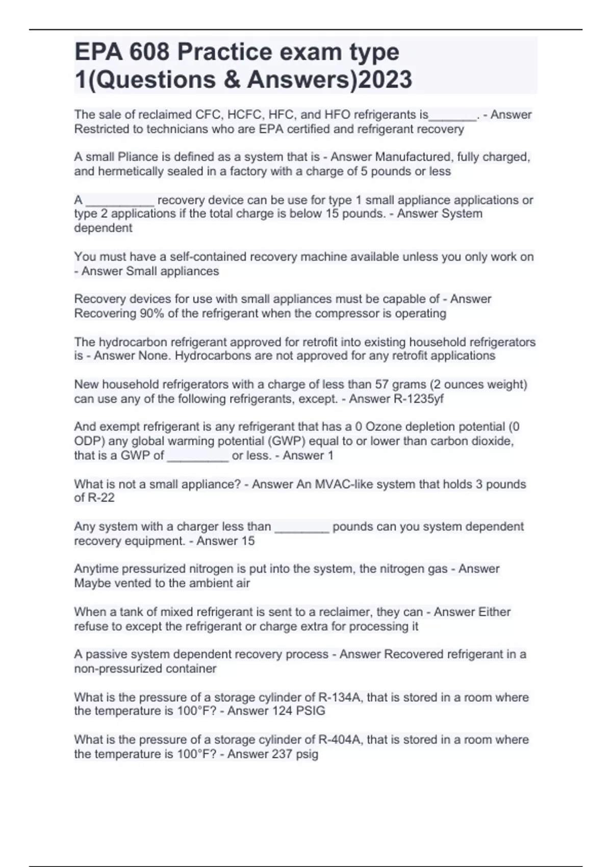 EPA 608 Practice exam type 1(Questions & Answers)2023. - EPA 608 ...