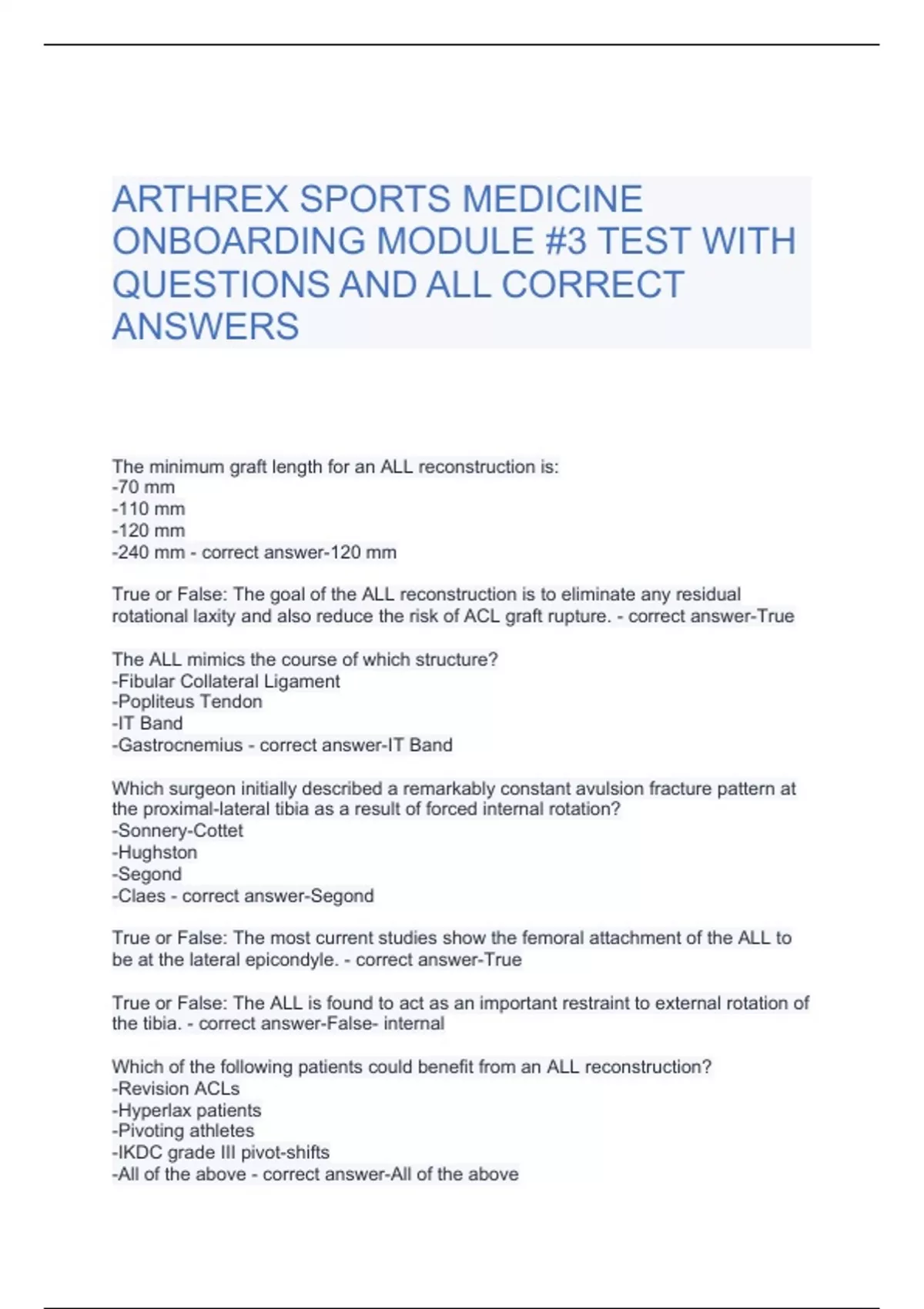 ARTHREX SPORTS MEDICINE ONBOARDING MODULE #3 TEST WITH QUESTIONS AND ...
