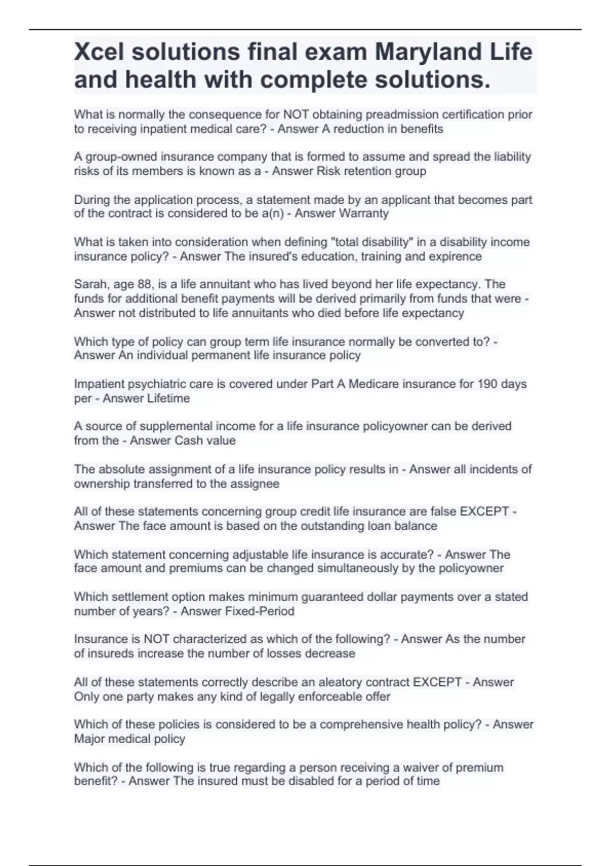 Xcel solutions final exam Maryland Life and health with complete ...