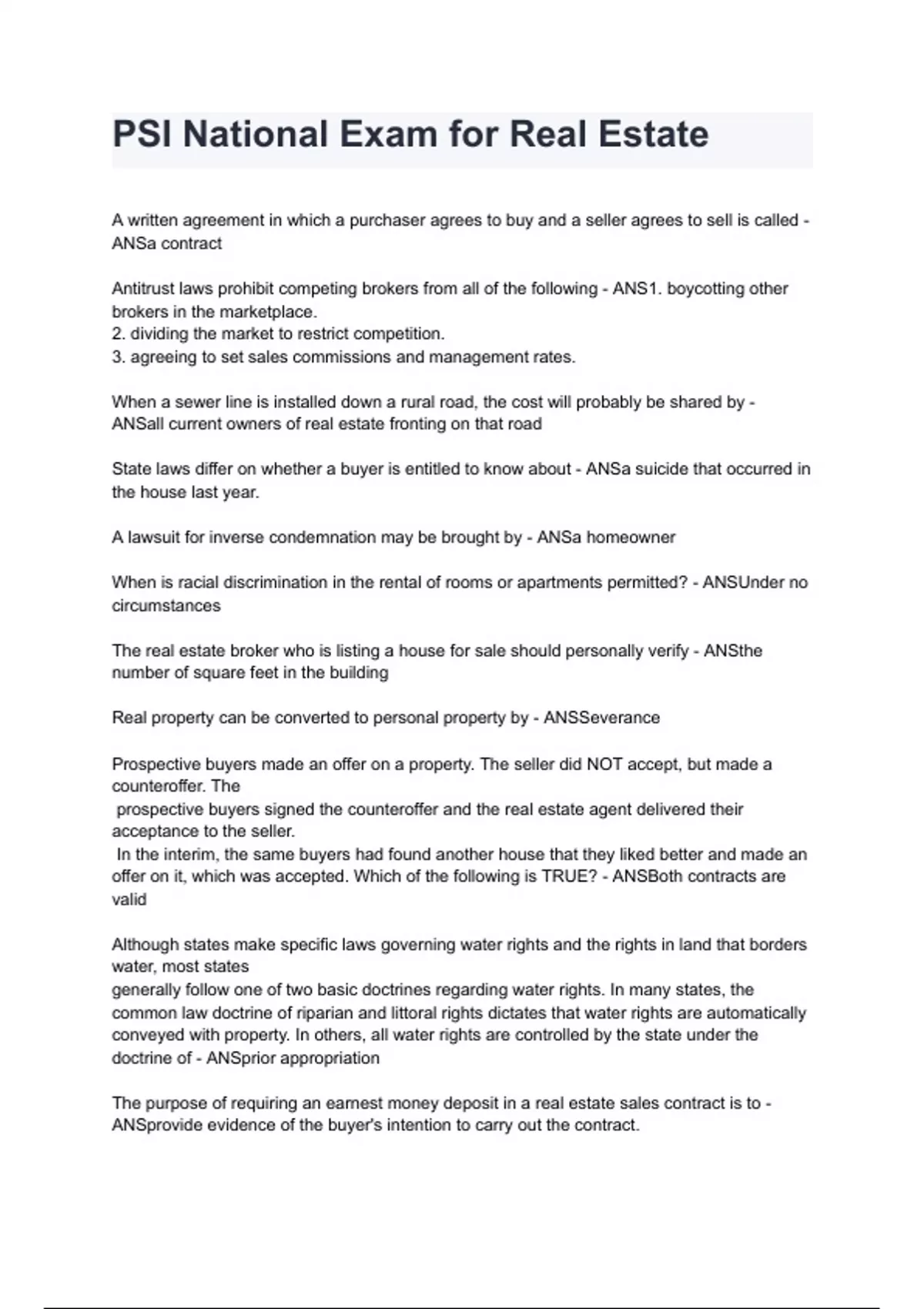 PSI National Exam for Real Estate 2024/2025 (100% verified) A+ grade ...