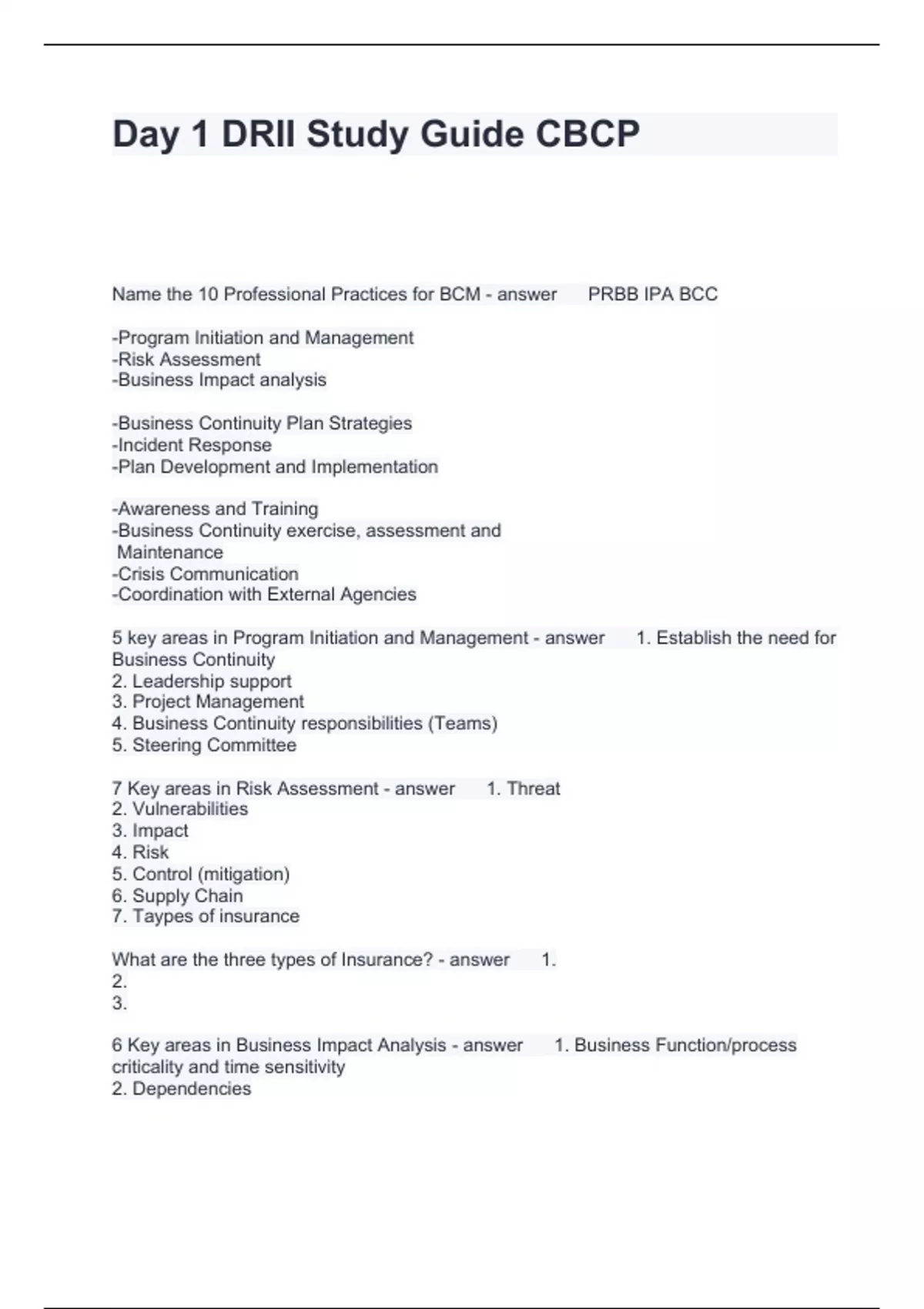 Day 1 DRII Study Guide CBCP Questions and Answers 2024 - DRII CBCP ...