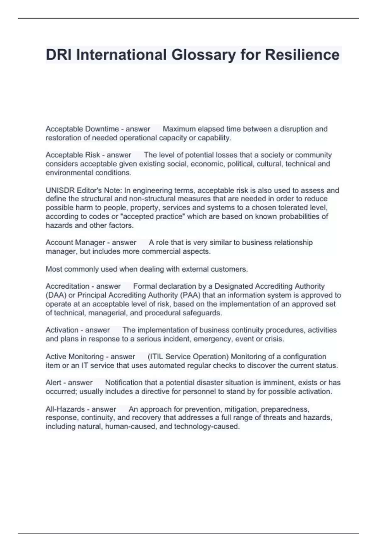 DRI International Glossary for Resilience Questions and Answers 2024 ...