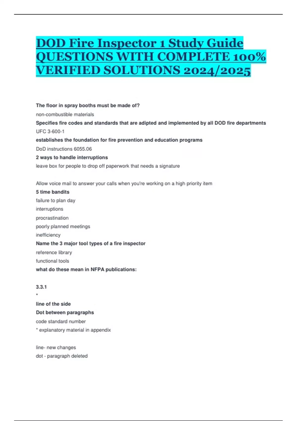 DOD Fire Inspector 1 Study Guide QUESTIONS WITH COMPLETE 100% VERIFIED SOLUTIONS 2024/2025 - DOD ...