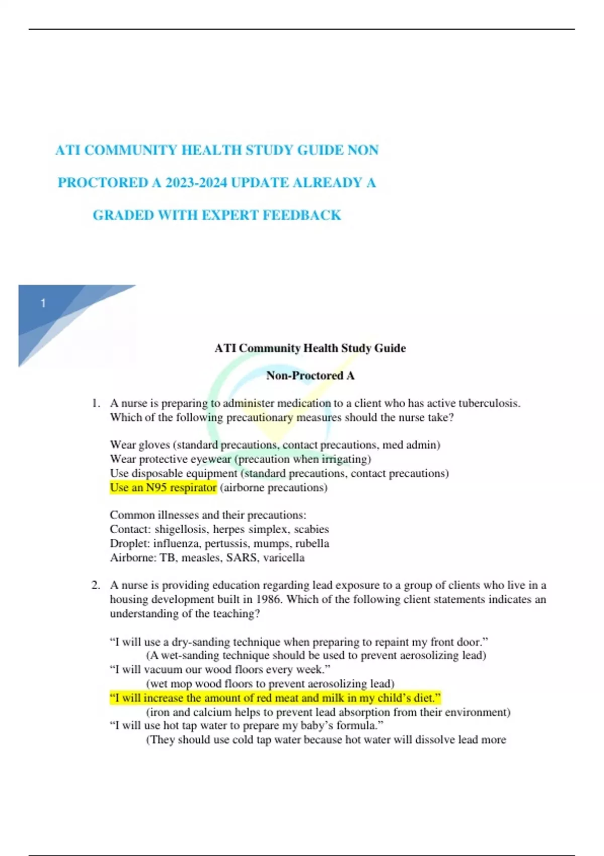 ATI COMMUNITY HEALTH STUDY GUIDE NON PROCTORED A UPDATE ALREADY A ...