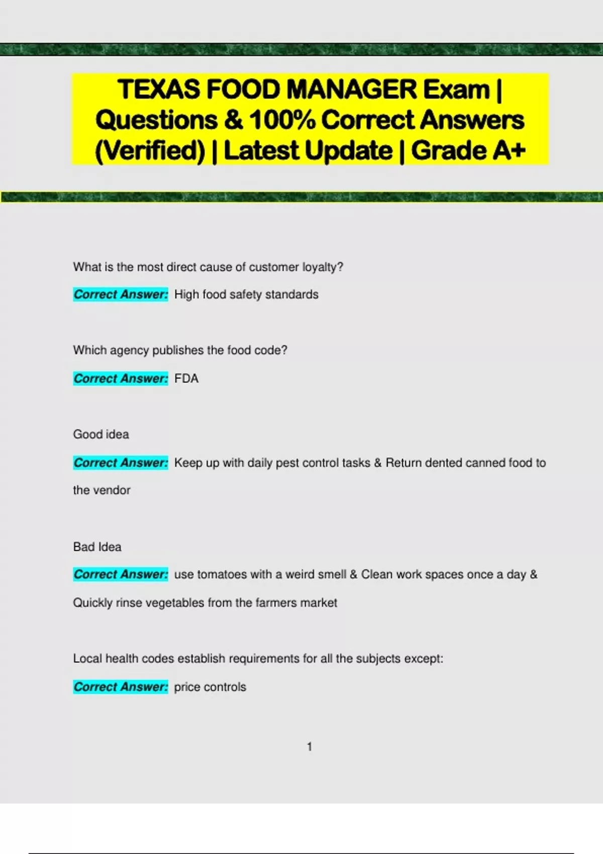 TEXAS FOOD MANAGER Exam Questions 100 Correct Answers Verified TEXAS FOOD MANAGER Exam Questions 100 Correct Answers Verified