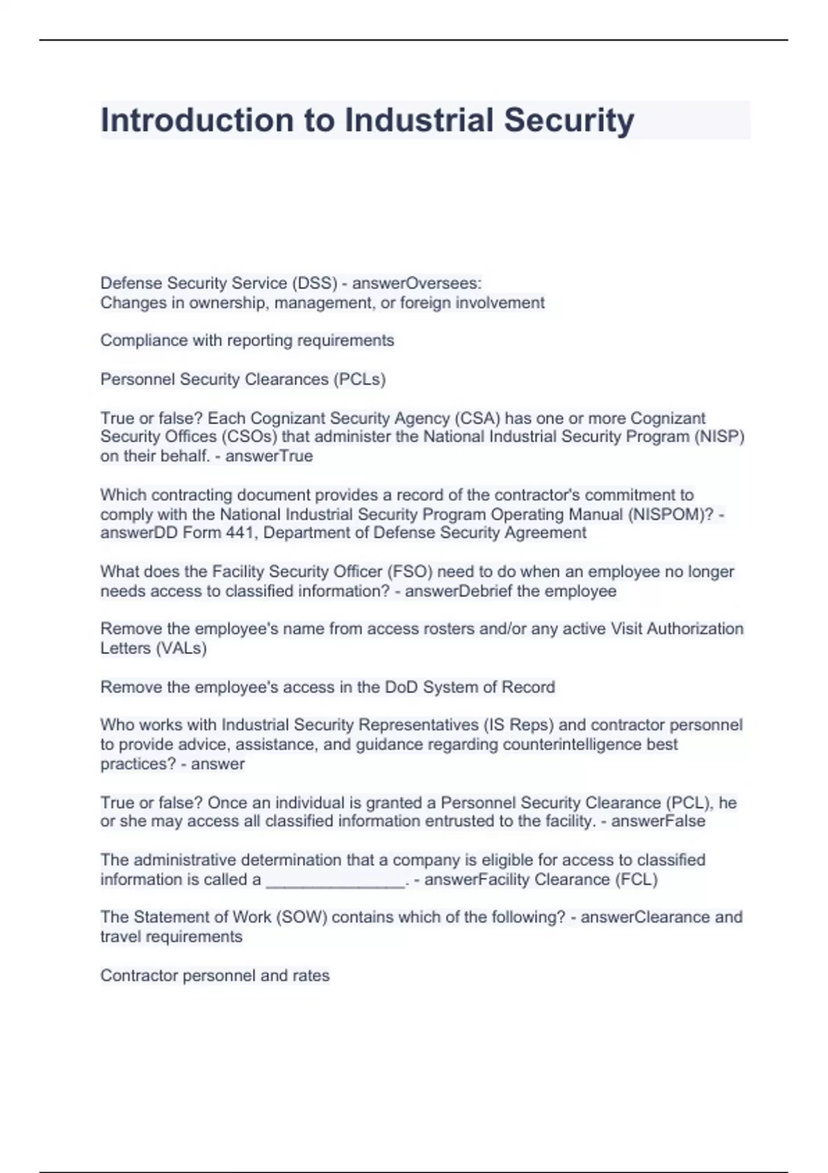 Introduction to Industrial Security Questions and Answers 2024 - NISP ...