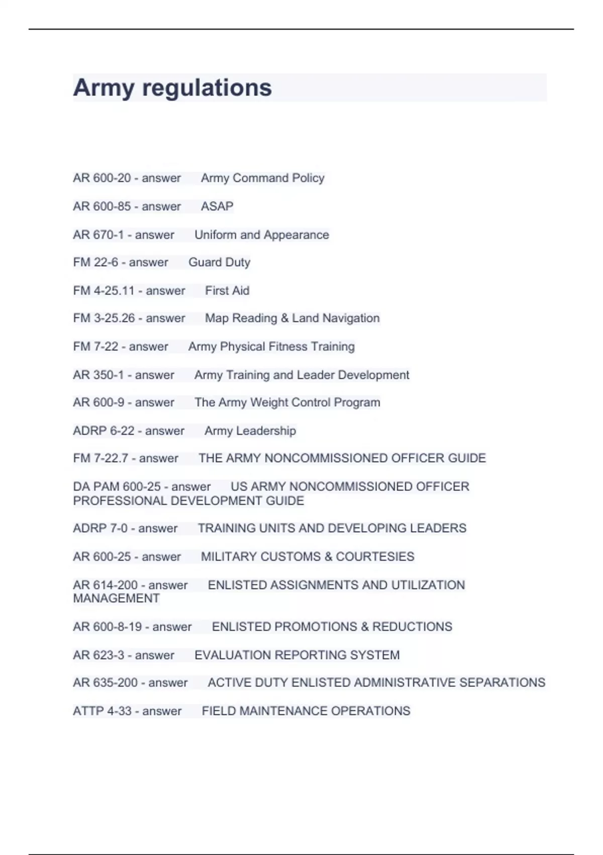 Army regulations Questions with solutions 2024 - ARMY - Stuvia US
