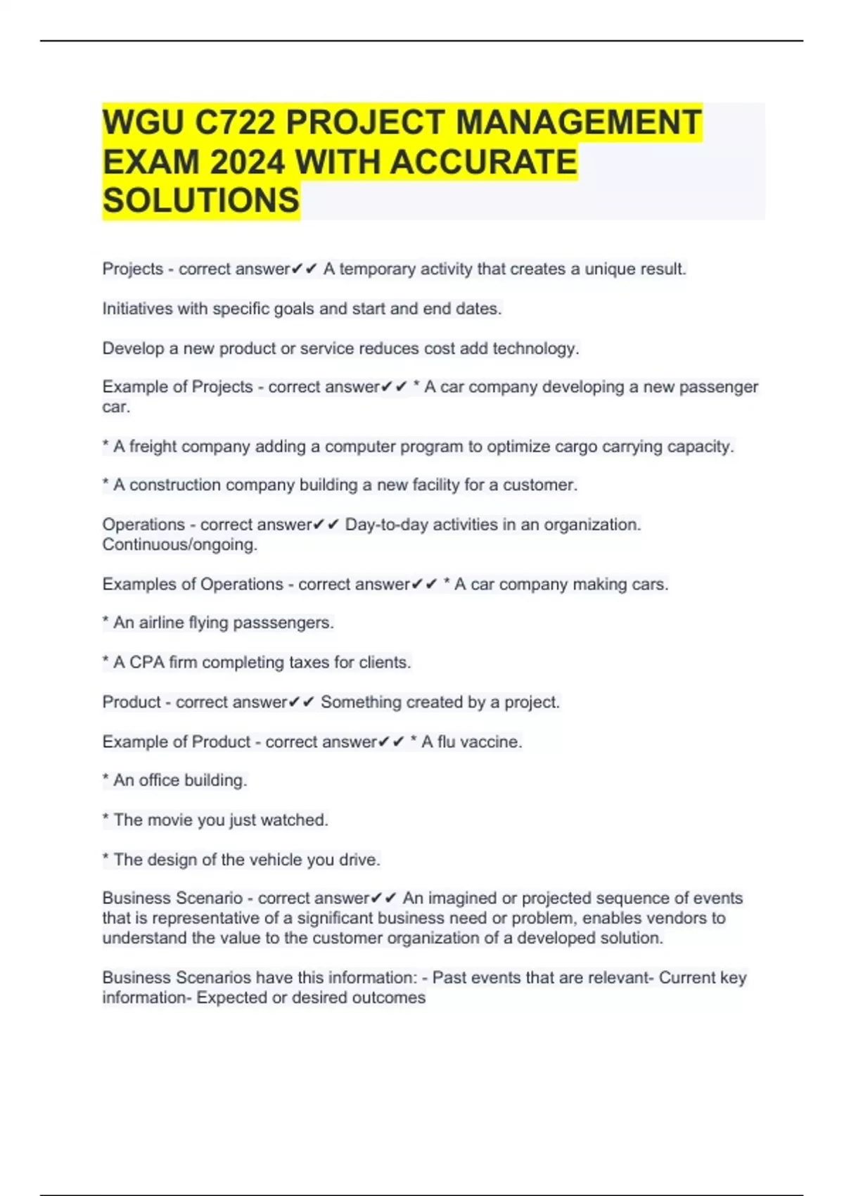 WGU C722 PROJECT MANAGEMENT EXAM 2024 WITH ACCURATE SOLUTIONS - WGU C722 - Stuvia US