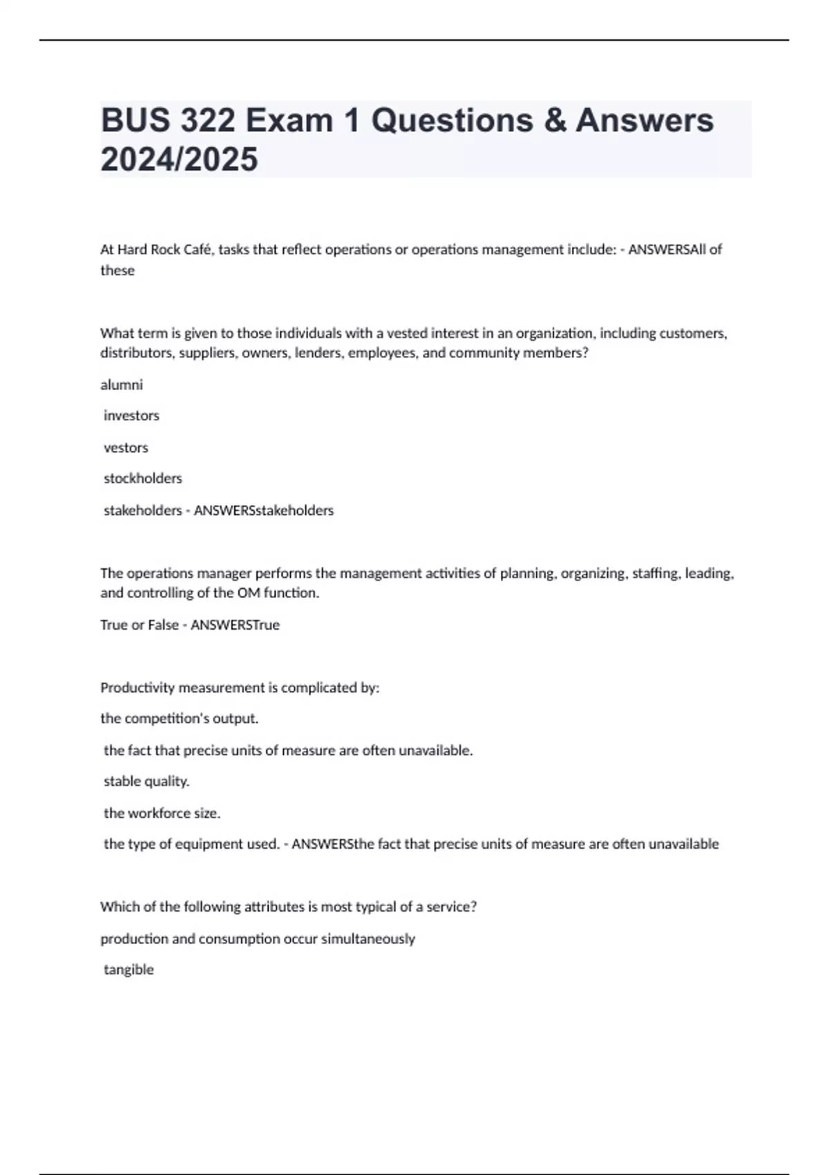 BUS 322 Exam 1 Questions & Answers 2024/2025 - BUS 322 - Stuvia US