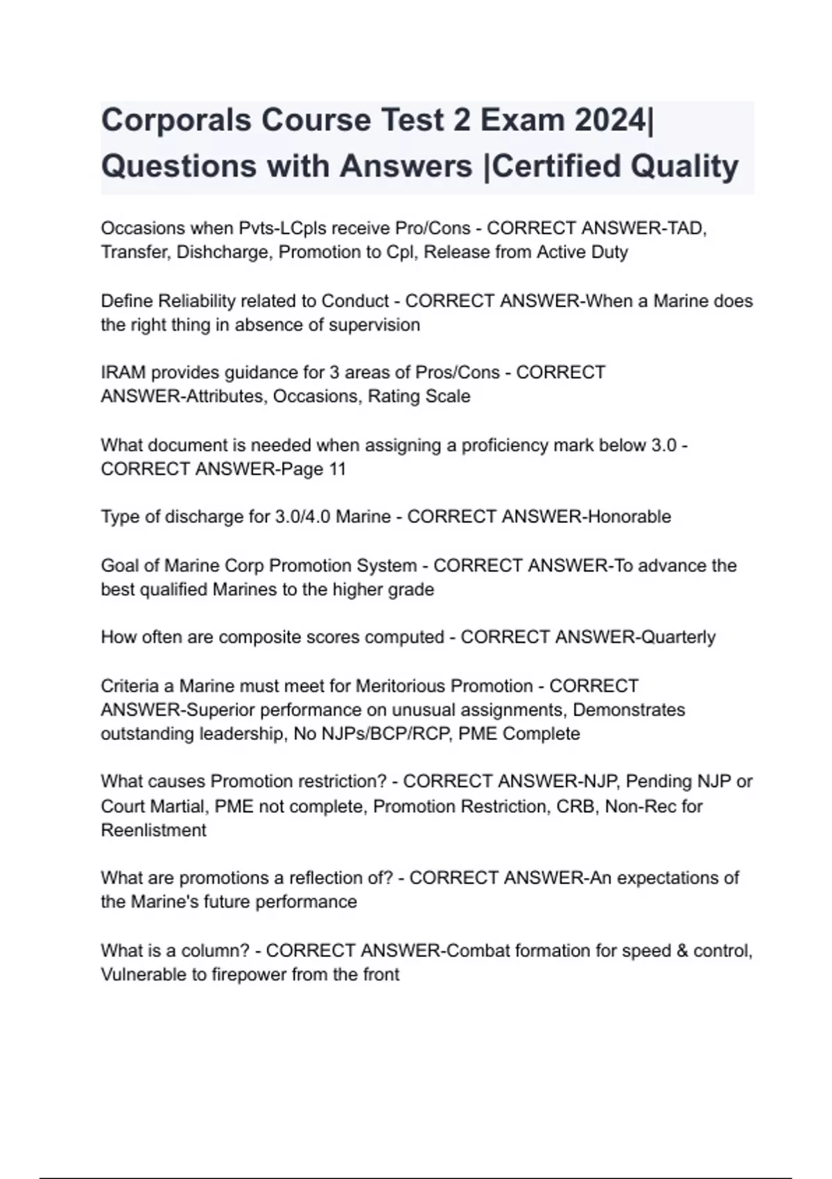 Corporals Course Test 2 Exam 2024 Questions With Answers Certified Quality Corporals Couons