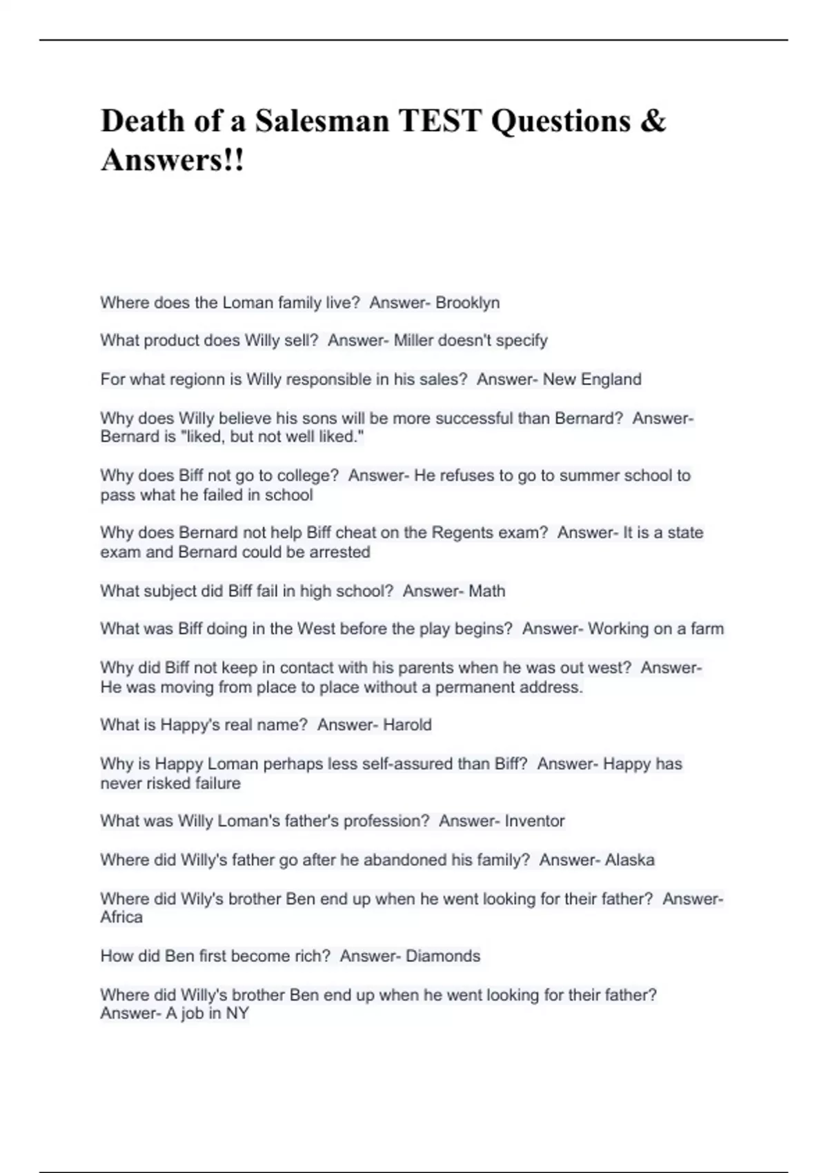 Death of a Salesman TEST Questions & Answers!! - Death of a Salesman ...