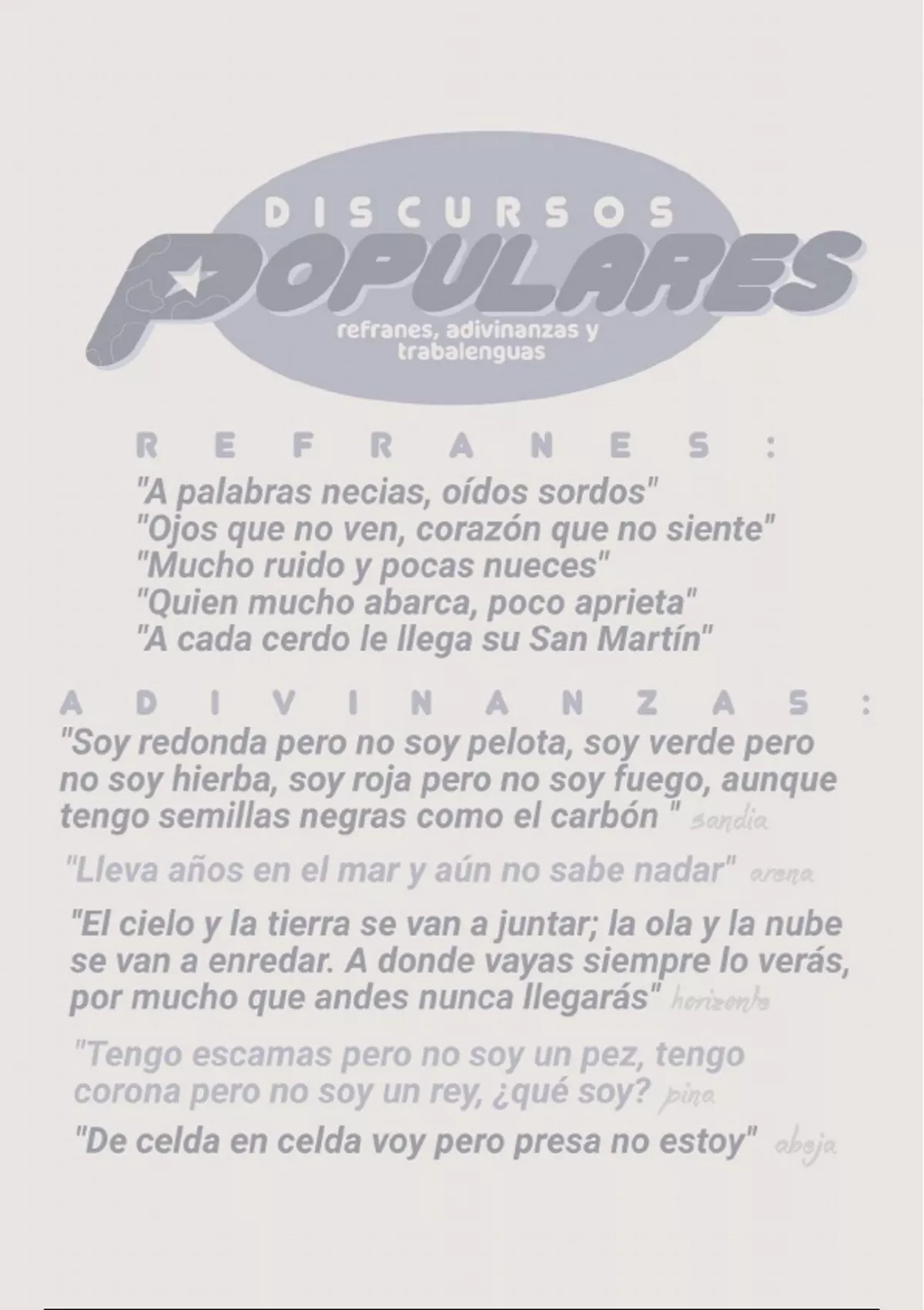 Discursos Populares: Adivinanzas, Refranes y Trabalenguas - Comunicación y Lenguaje - Stuvia US