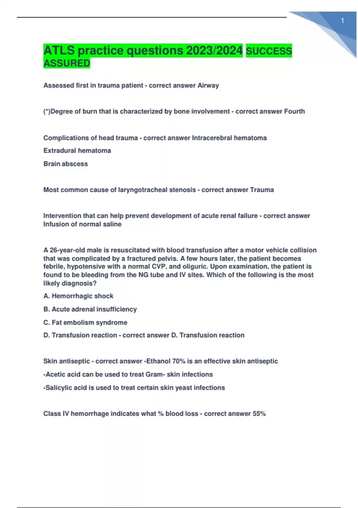 ATLS practice questions 2023/2024 SUCCESS ASSURED - ATLS - Stuvia US