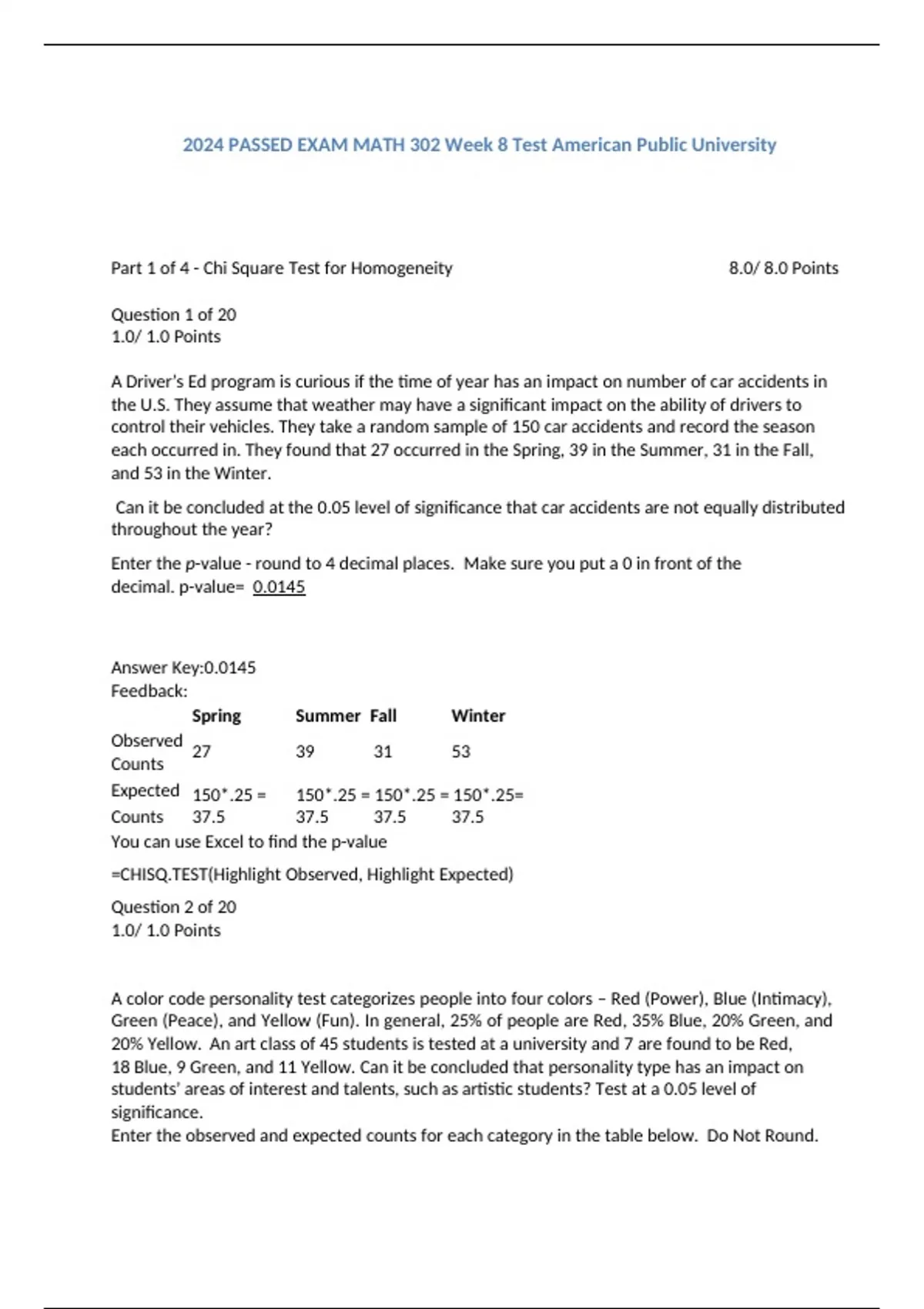 2024 PASSED EXAM MATH 302 Week 8 Test American Public University - Math ...