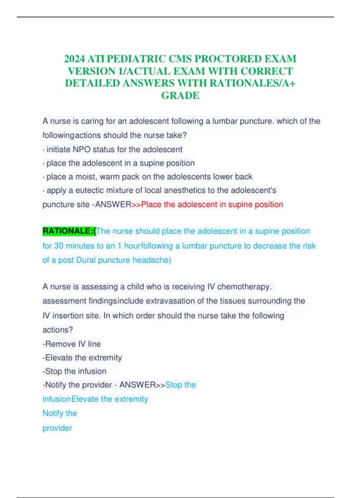 2024 ATI PEDIATRIC CMS PROCTORED EXAM VERSION 1/ACTUAL EXAM WITH ...