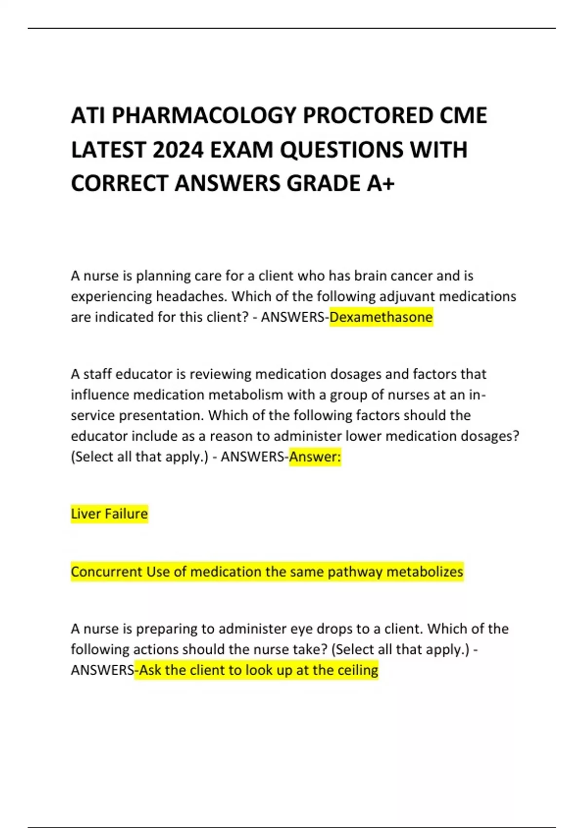 ATI PHARMACOLOGY PROCTORED CME LATEST 2024 EXAM QUESTIONS WITH CORRECT ...