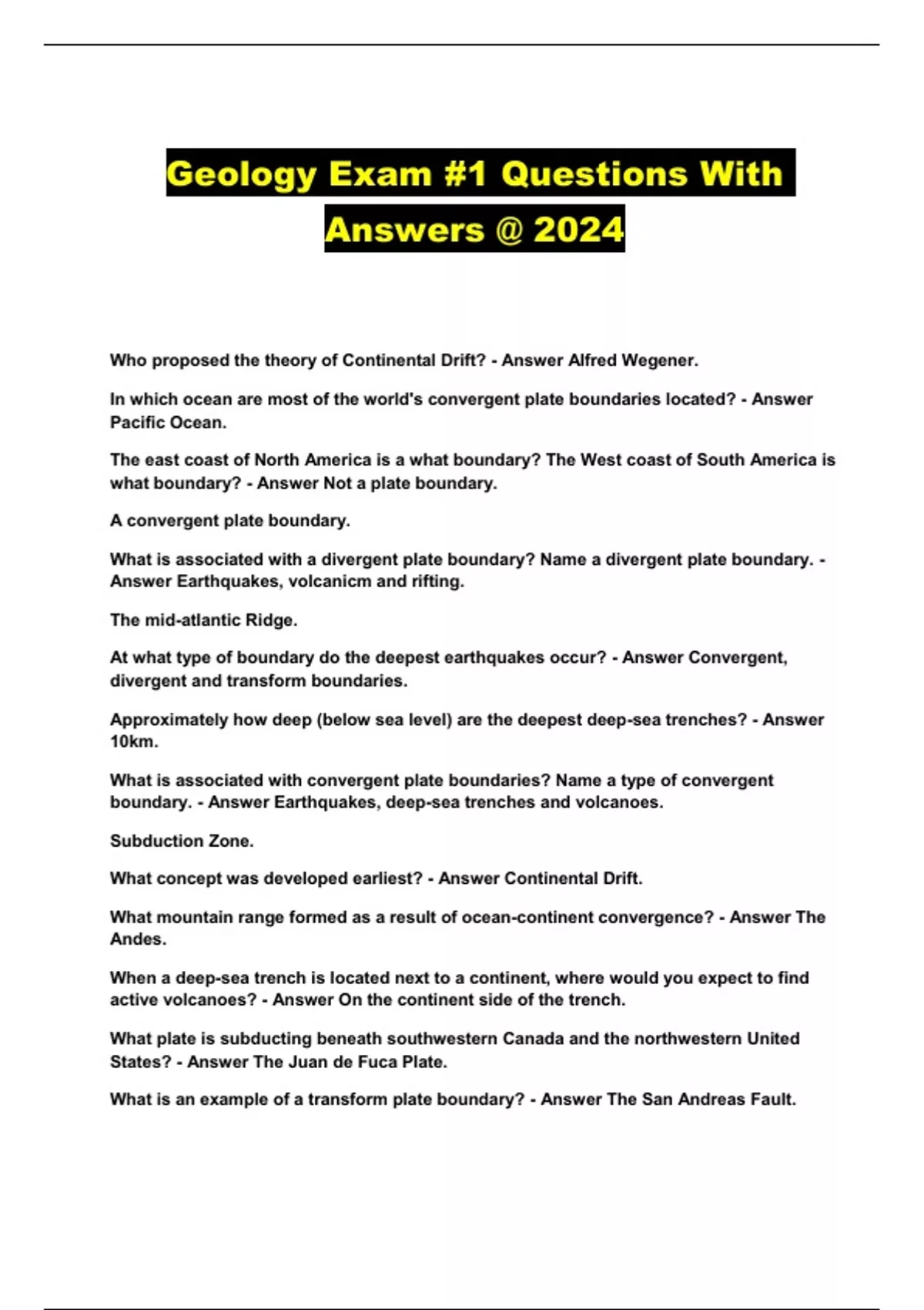 Geology Exam #1 Questions With Answers @ 2024 - Geology - Stuvia US