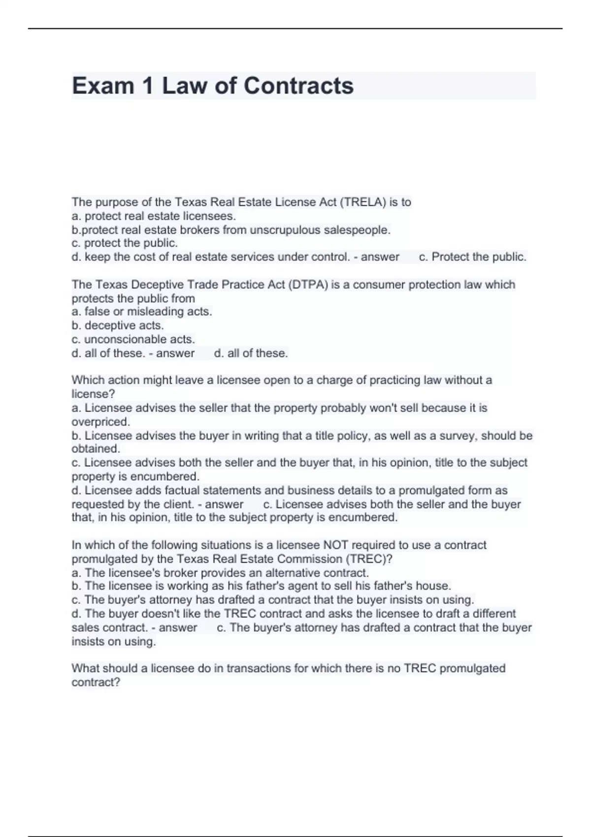 Exam 1 Law of Contracts Questions with solutions 2024 - Texas RE Law ...