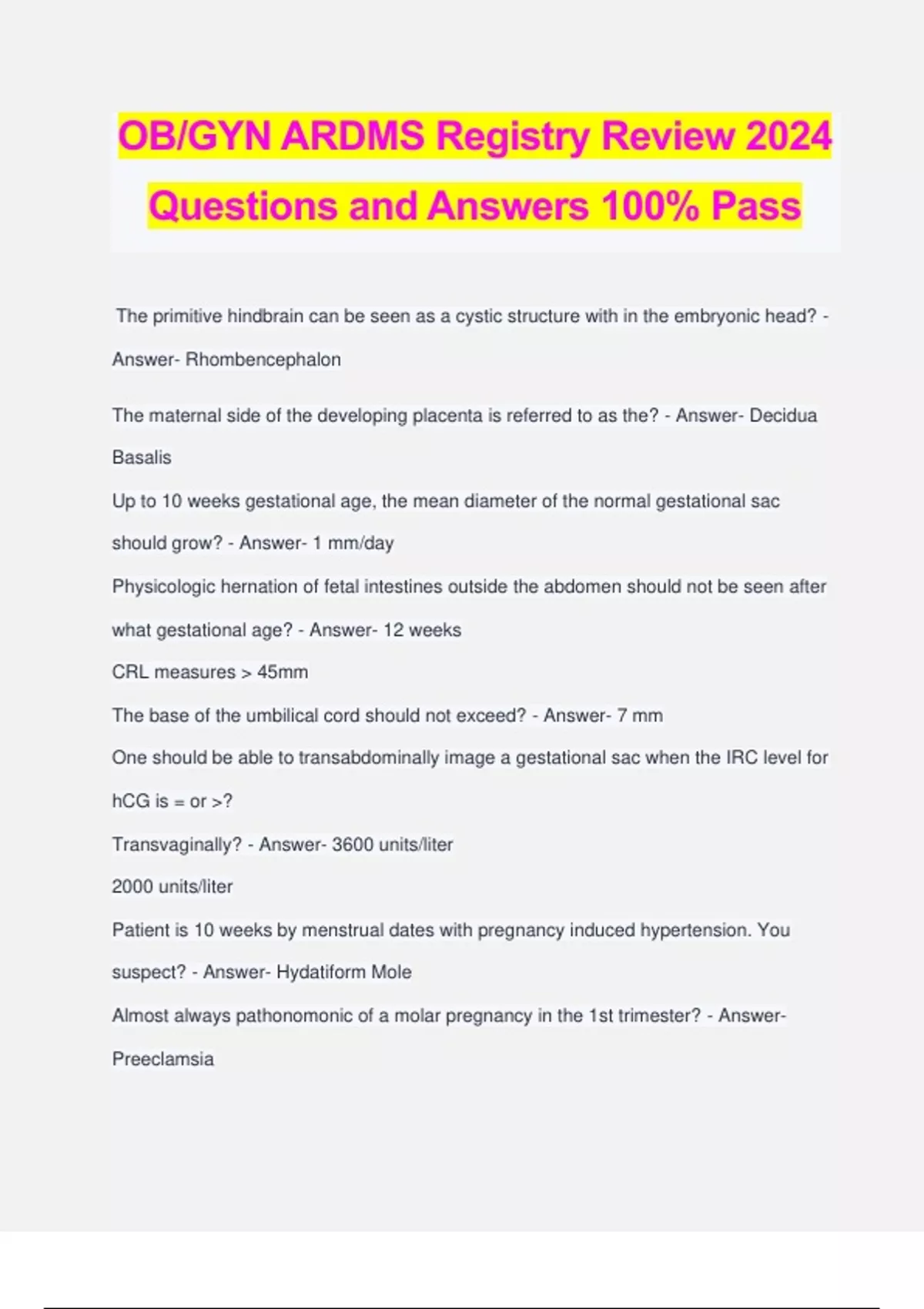OB/GYN ARDMS Registry Review 2024 Questions and Answers 100% Pass - OBGYN - Stuvia US