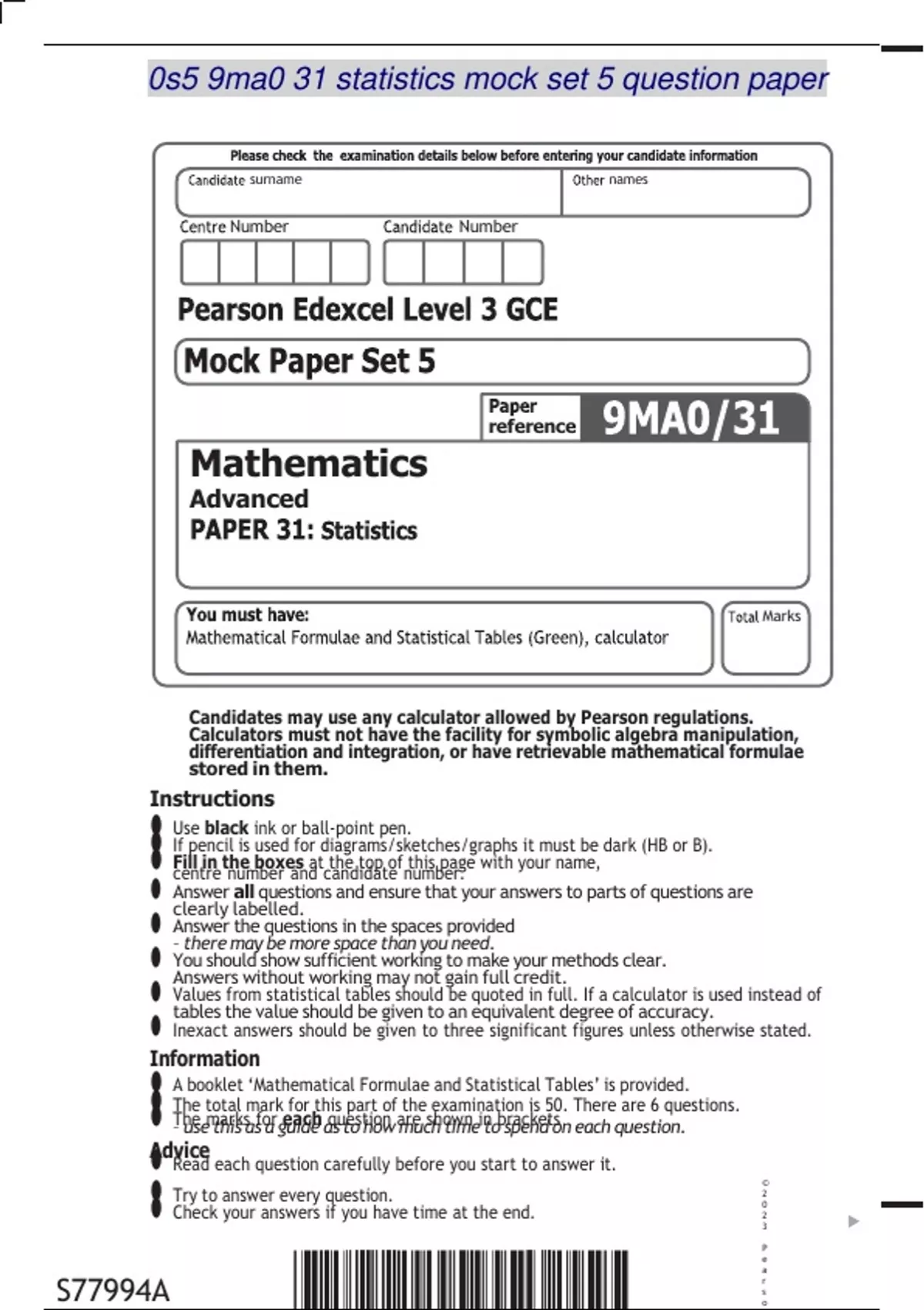 PEARSON EDECEL LEVEL 3 GCE MOCK PAPER SET 5 Mathematics Advanced ...