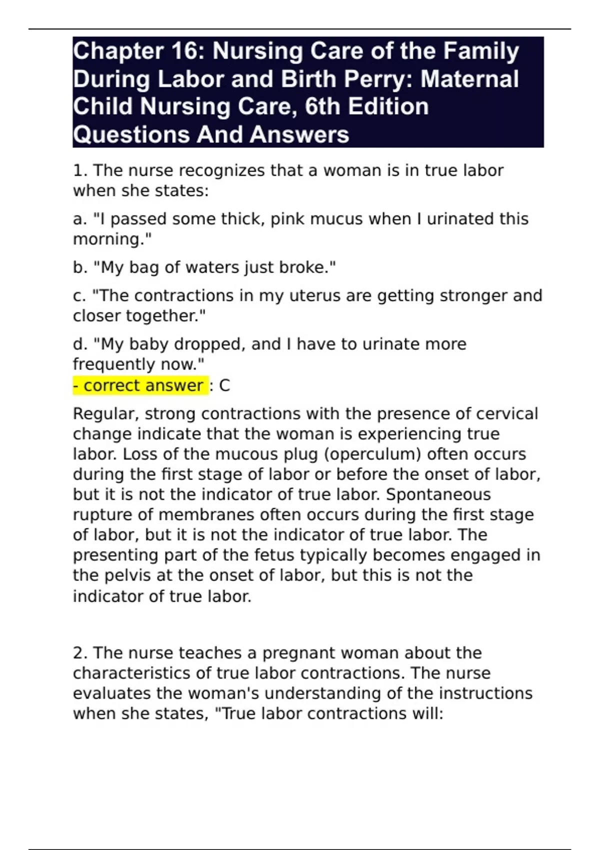Chapter 16: Nursing Care of the Family During Labor and Birth Perry ...