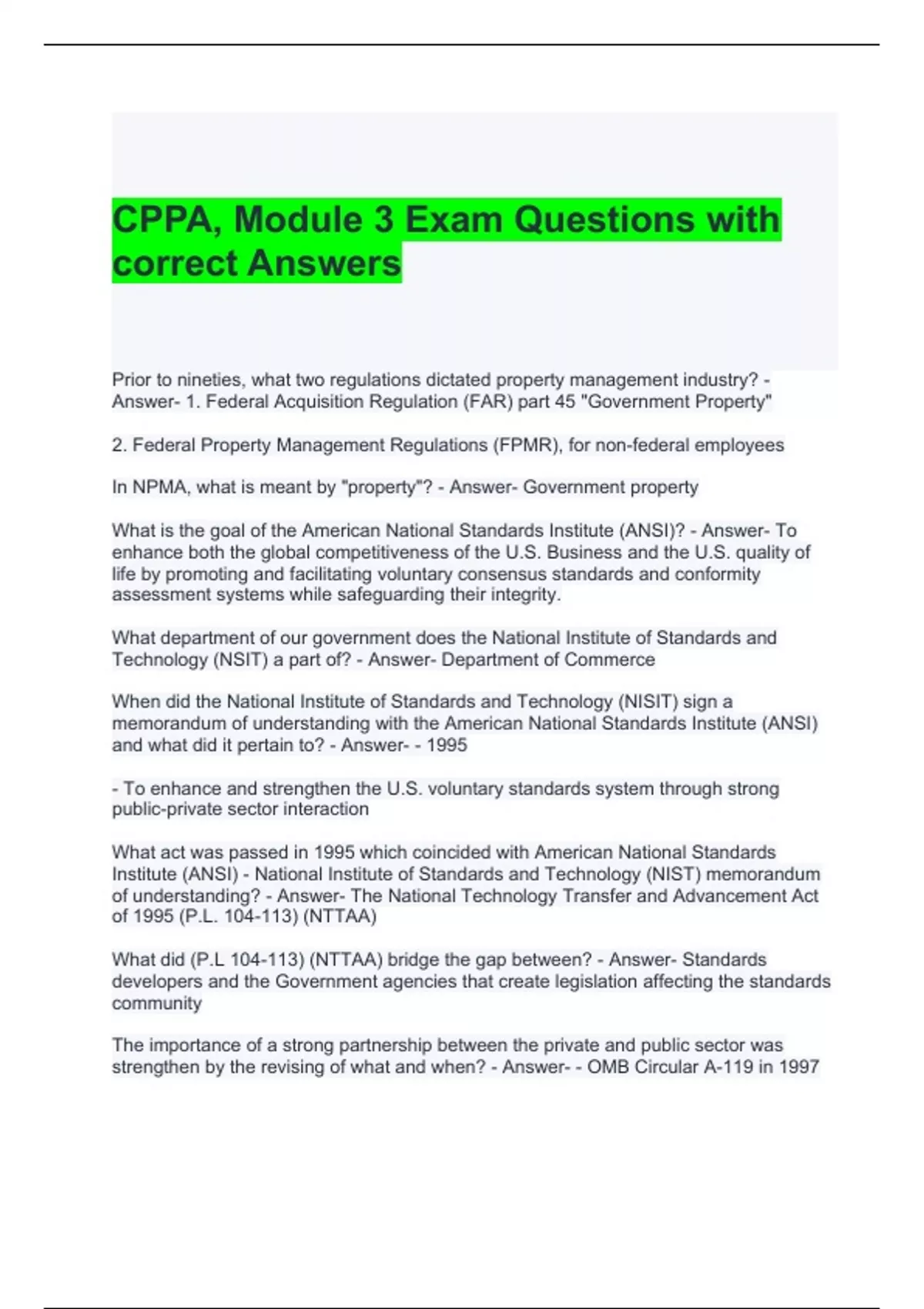 CPPA, Module 3 Exam Questions with correct Answers 100% - NPMA CPPS ...