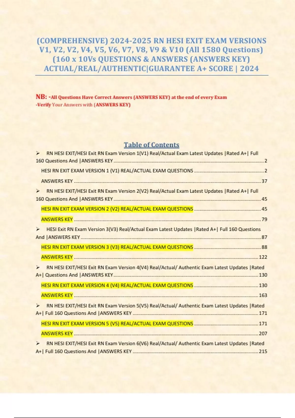 (COMPREHENSIVE) RN HESI EXIT EXAM VERSIONS V1, V2, V2, V4, V5, V6, V7 ...
