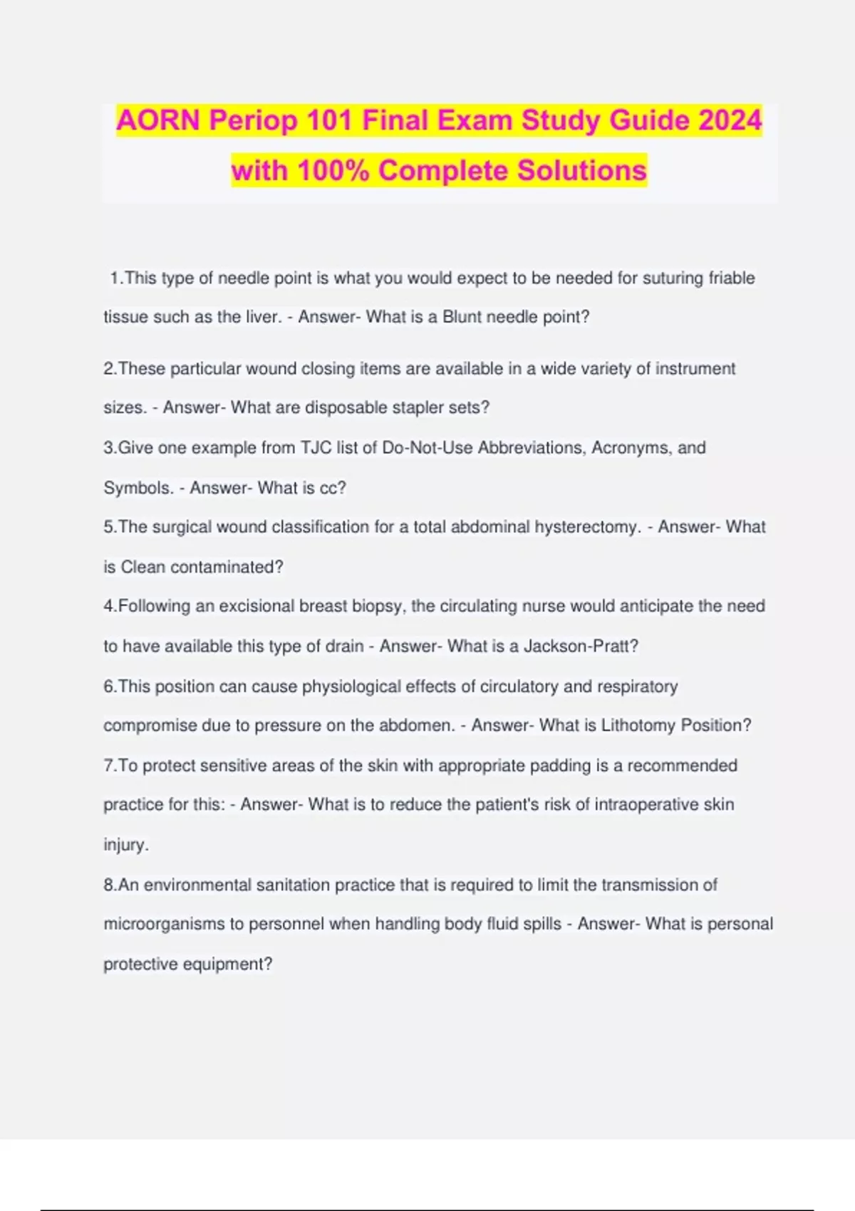 AORN Periop 101 Final Exam Study Guide 2024 with 100% Complete ...