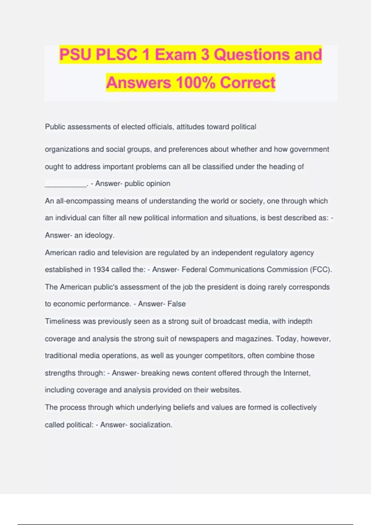 PSU PLSC 1 Exam 3 Questions and Answers 100% Correct - PSU PLSC - Stuvia US