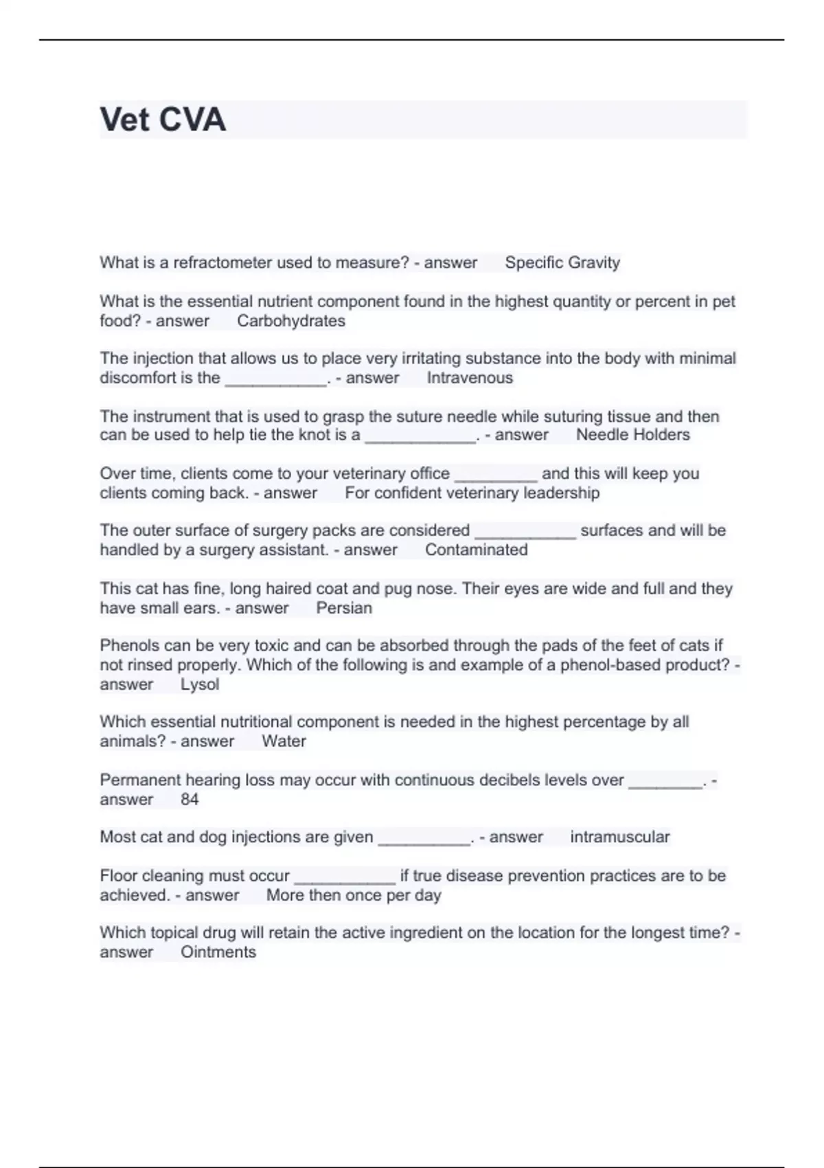 Vet CVA QUESTIONS AND ANSWERS 2024 - CVA - Stuvia US