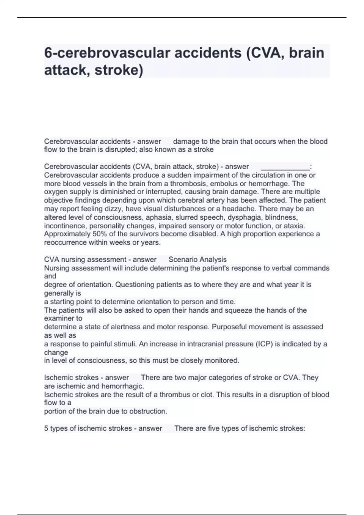 6-cerebrovascular accidents (CVA, brain attack, stroke) Questions and ...