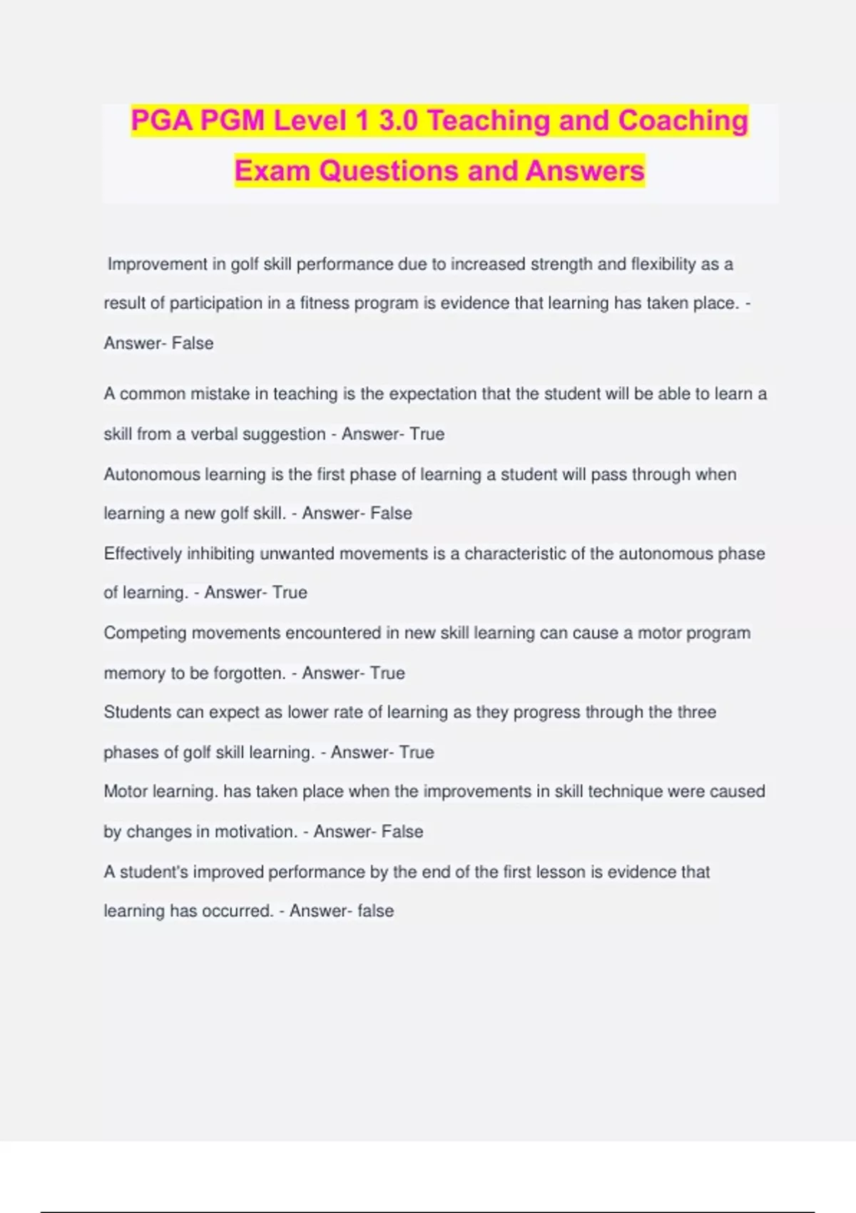 PGA PGM Level 1 3.0 Teaching and Coaching Exam Questions and Answers - PGA PGM 3.0 Level 1 ...