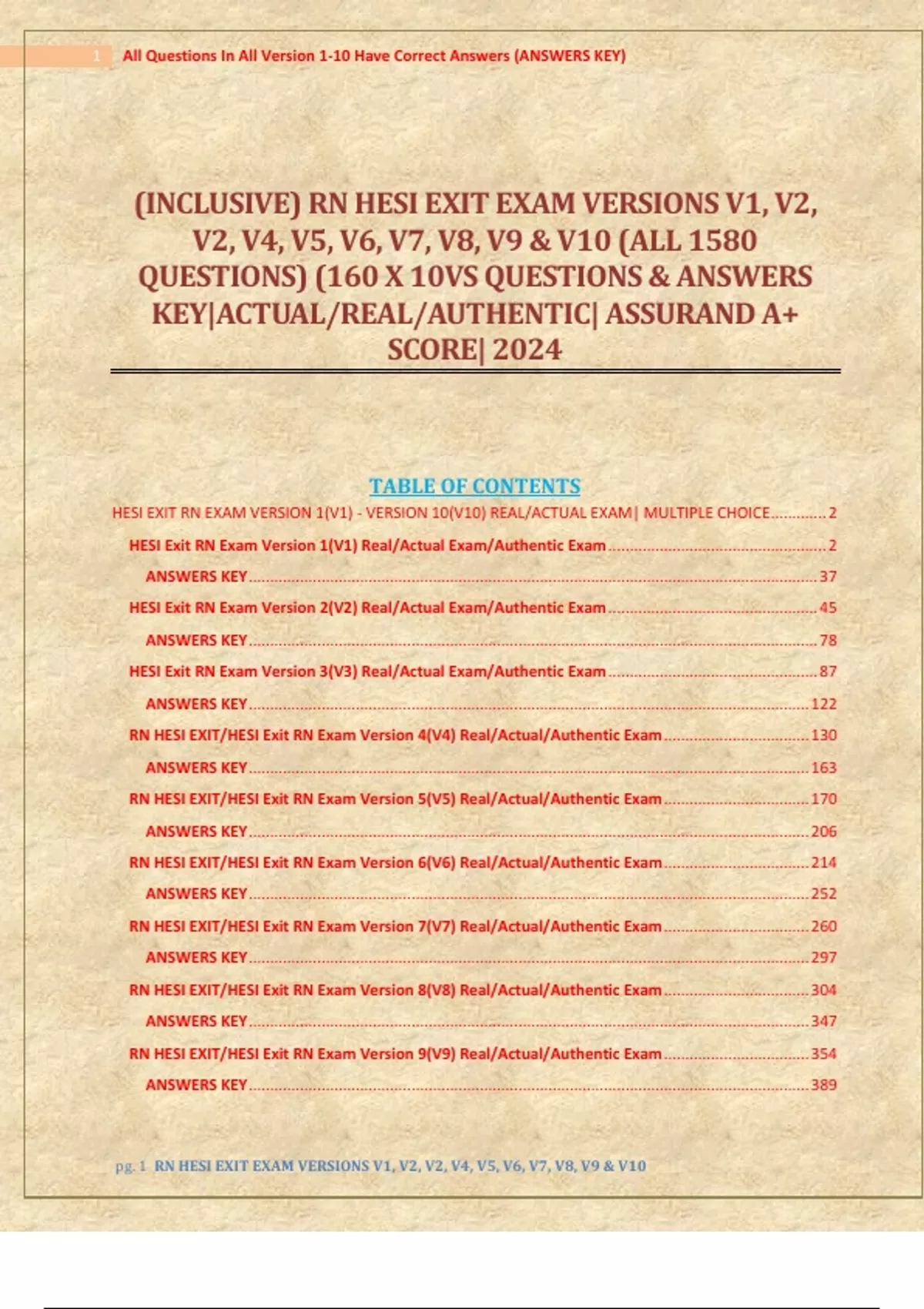 (INCLUSIVE) RN HESI EXIT EXAM VERSIONS V1, V2, V2, V4, V5, V6, V7, V8, V9 & V10 (ALL 1580 ...