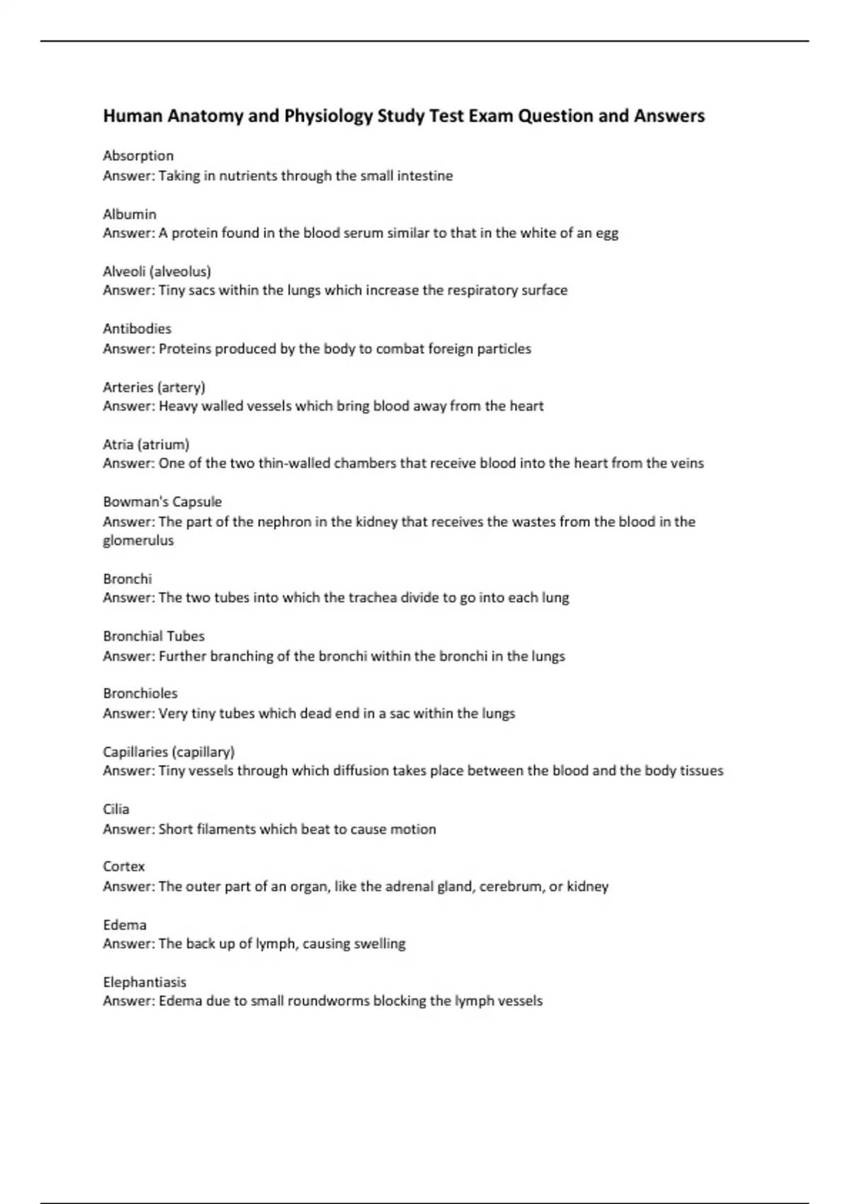 Human Anatomy and Physiology Study Test Exam Question and Answers ...