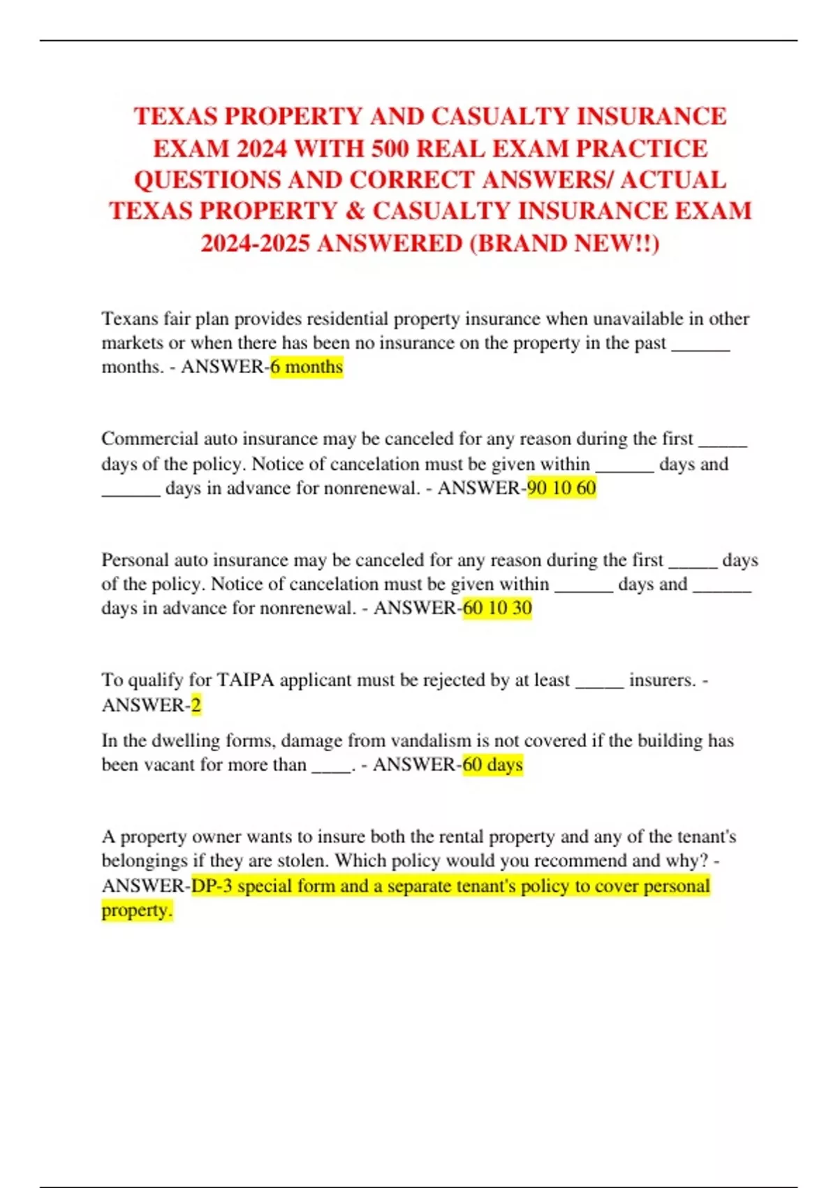 TEXAS PROPERTY AND CASUALTY INSURANCE EXAM 2024 WITH 500 REAL EXAM ...