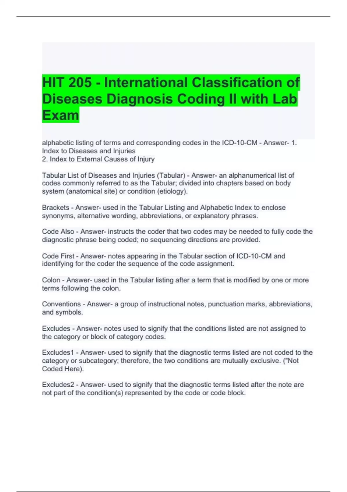 HIT 205 - International Classification of Diseases Diagnosis Coding II ...