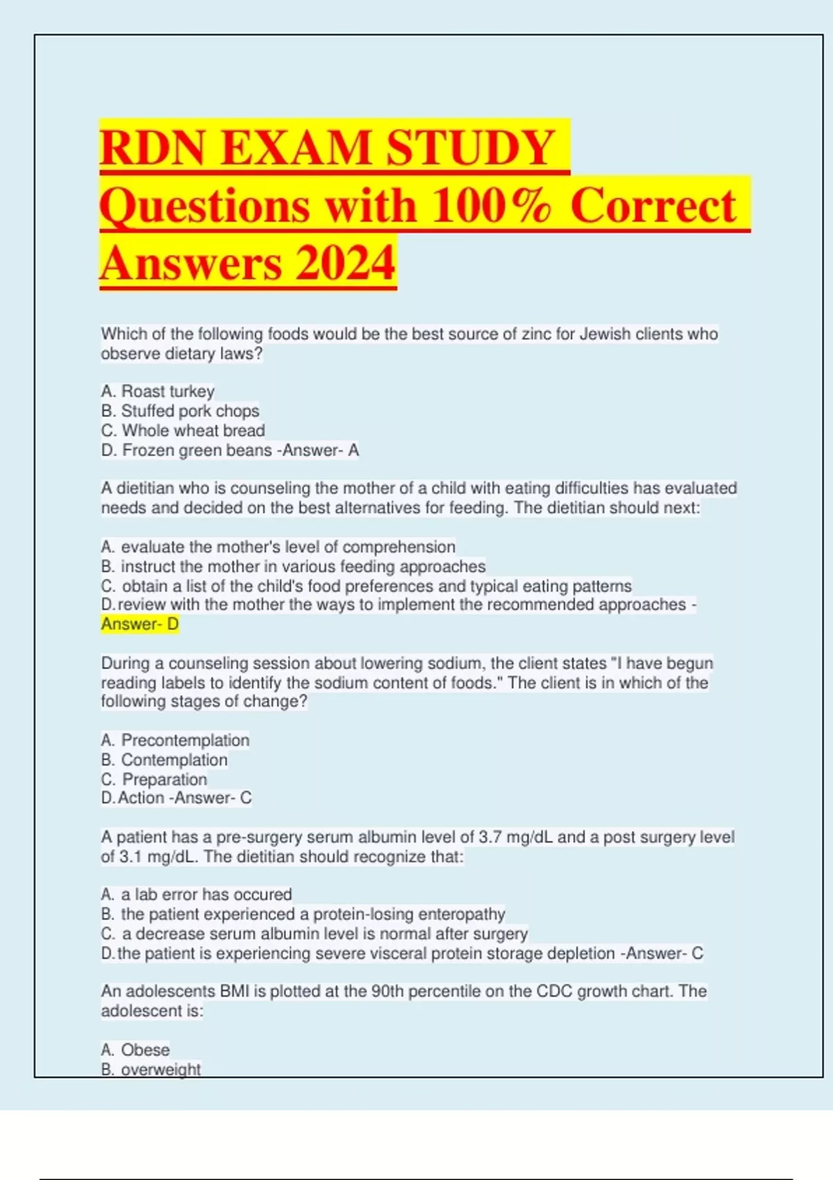 RDN EXAM STUDY Questions with 100% Correct Answers 2024 - RDN / - Stuvia US