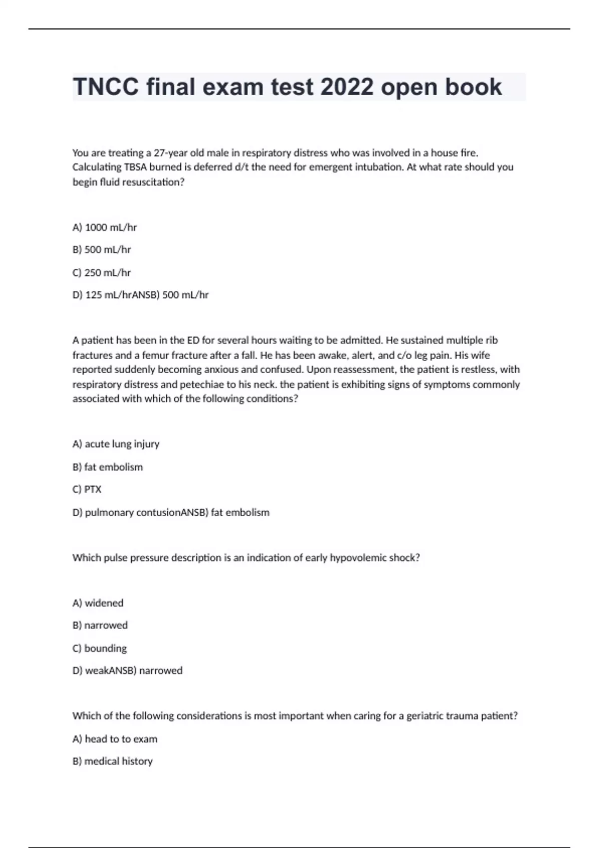 TNCC final exam questions with correct answers 2024 - TNCC - Stuvia US