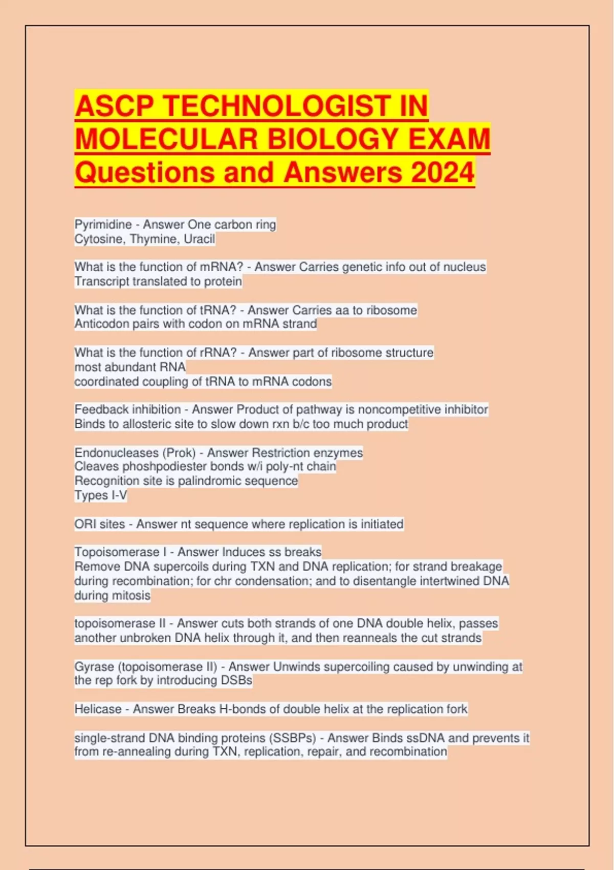 ASCP TECHNOLOGIST IN MOLECULAR BIOLOGY EXAM Questions and Answers 2024 ...