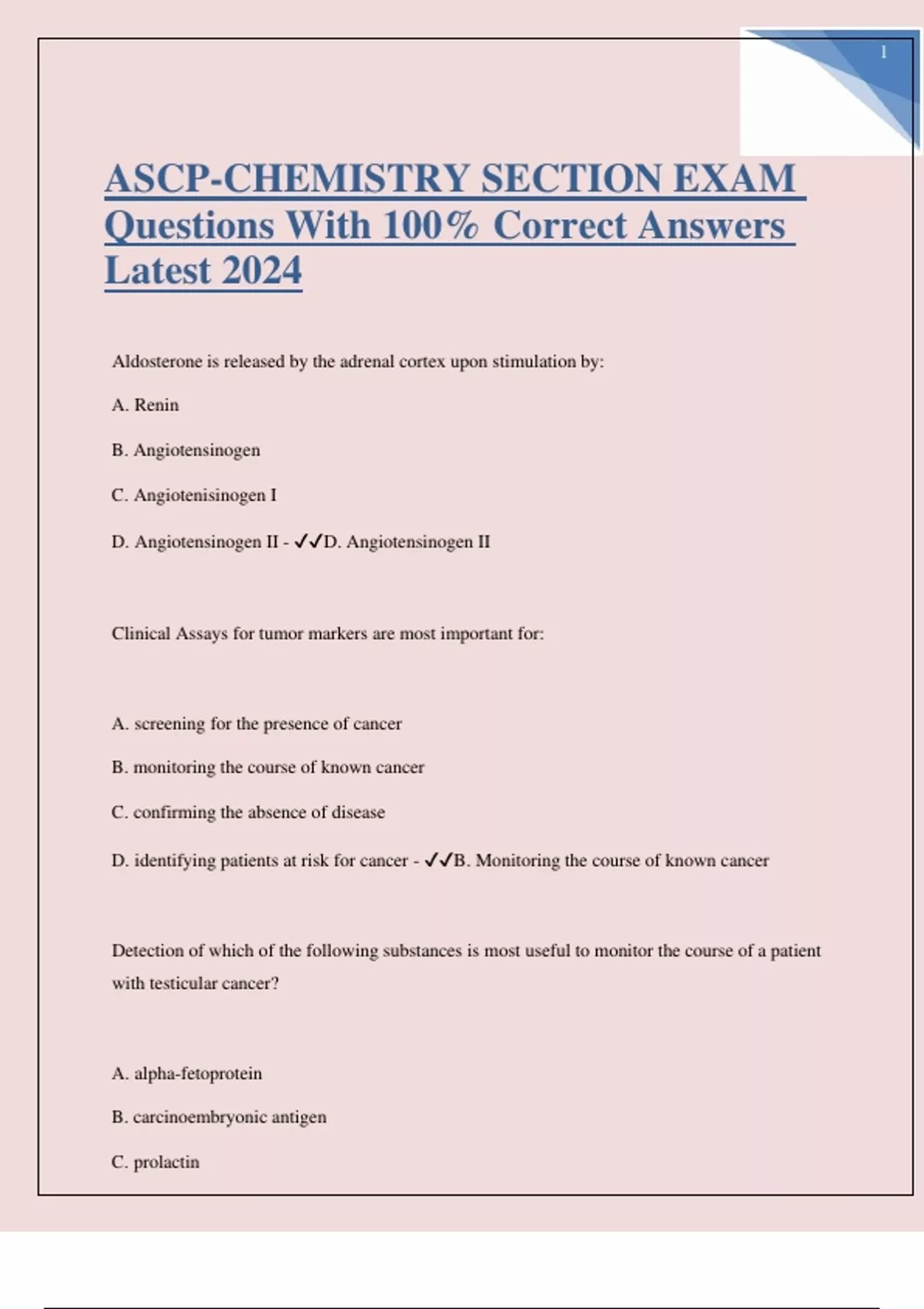 ASCP-CHEMISTRY SECTION EXAM Questions With 100% Correct Answers Latest ...
