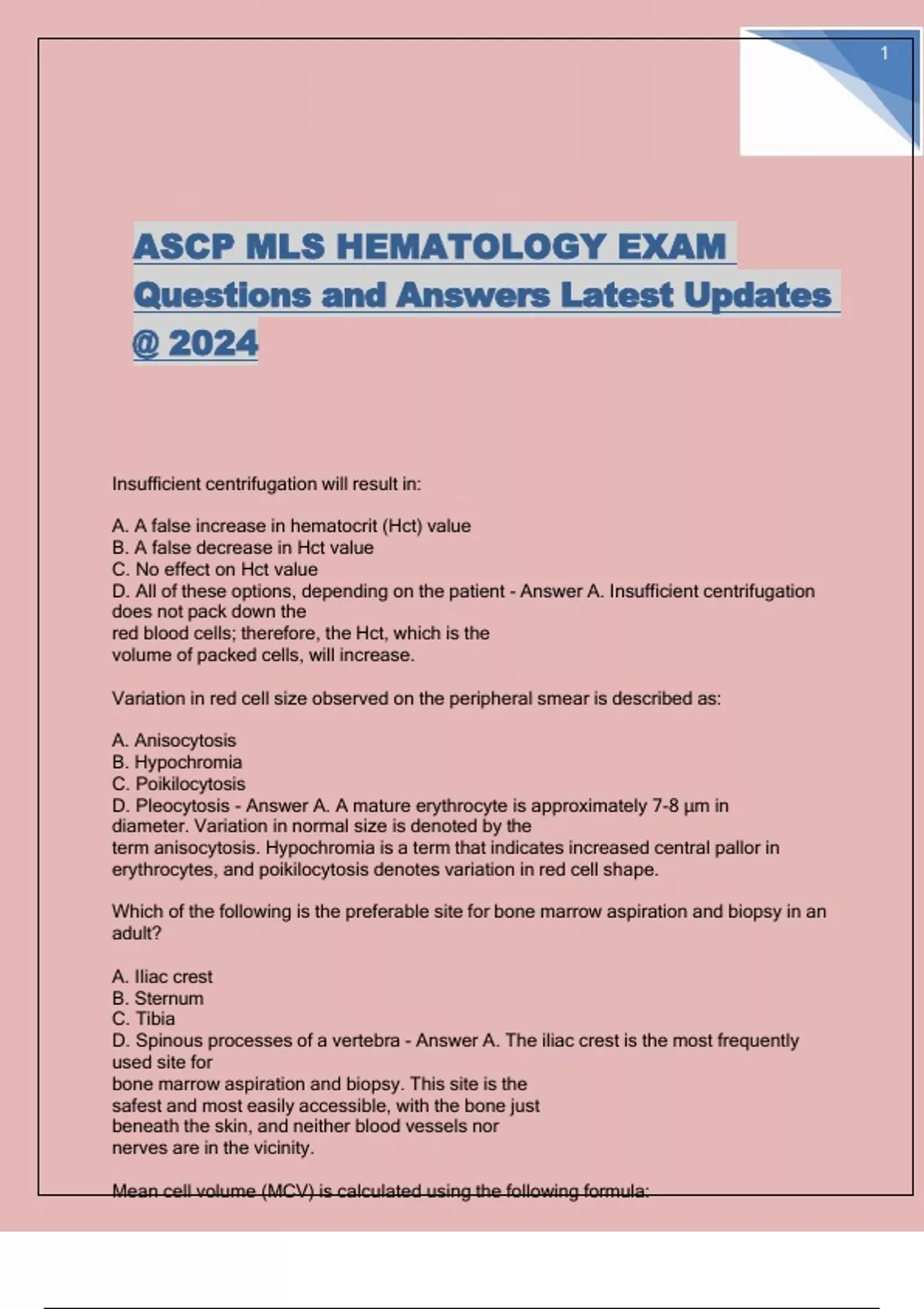 ASCP MLS HEMATOLOGY EXAM Questions and Answers Latest Updates @ 2024 ...