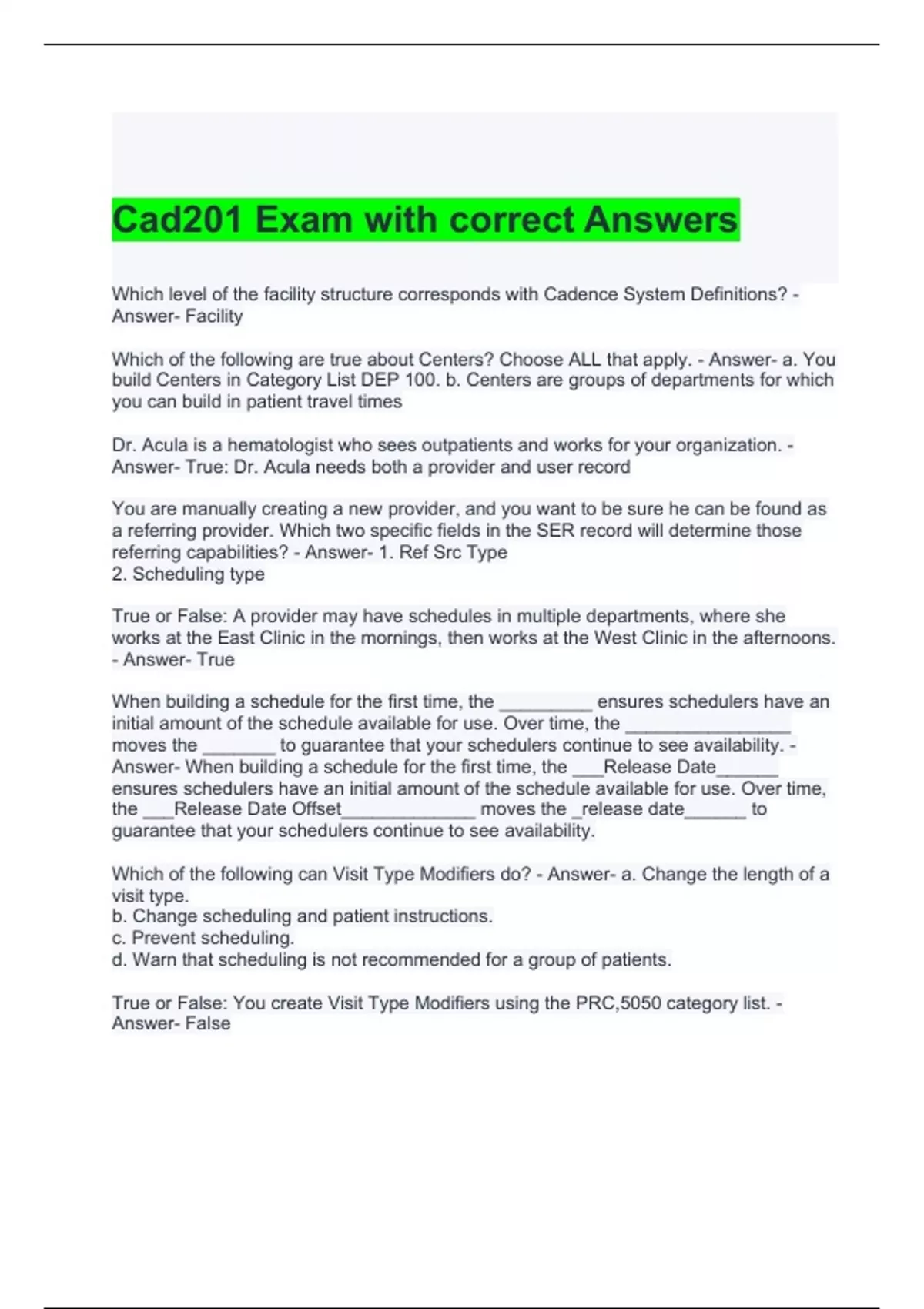 Cad201 Exam with correct Answers 2024 - Cadence Administration - Stuvia US