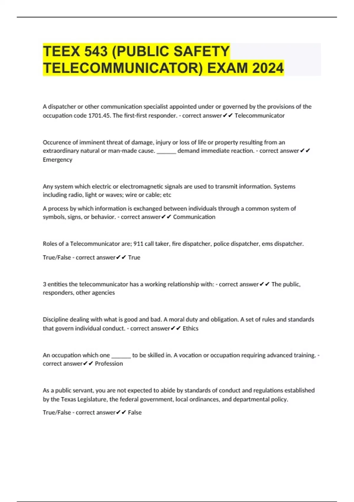 TEEX 543 (PUBLIC SAFETY TELECOMMUNICATOR) EXAM 2024 - TEEX 543 - Stuvia US