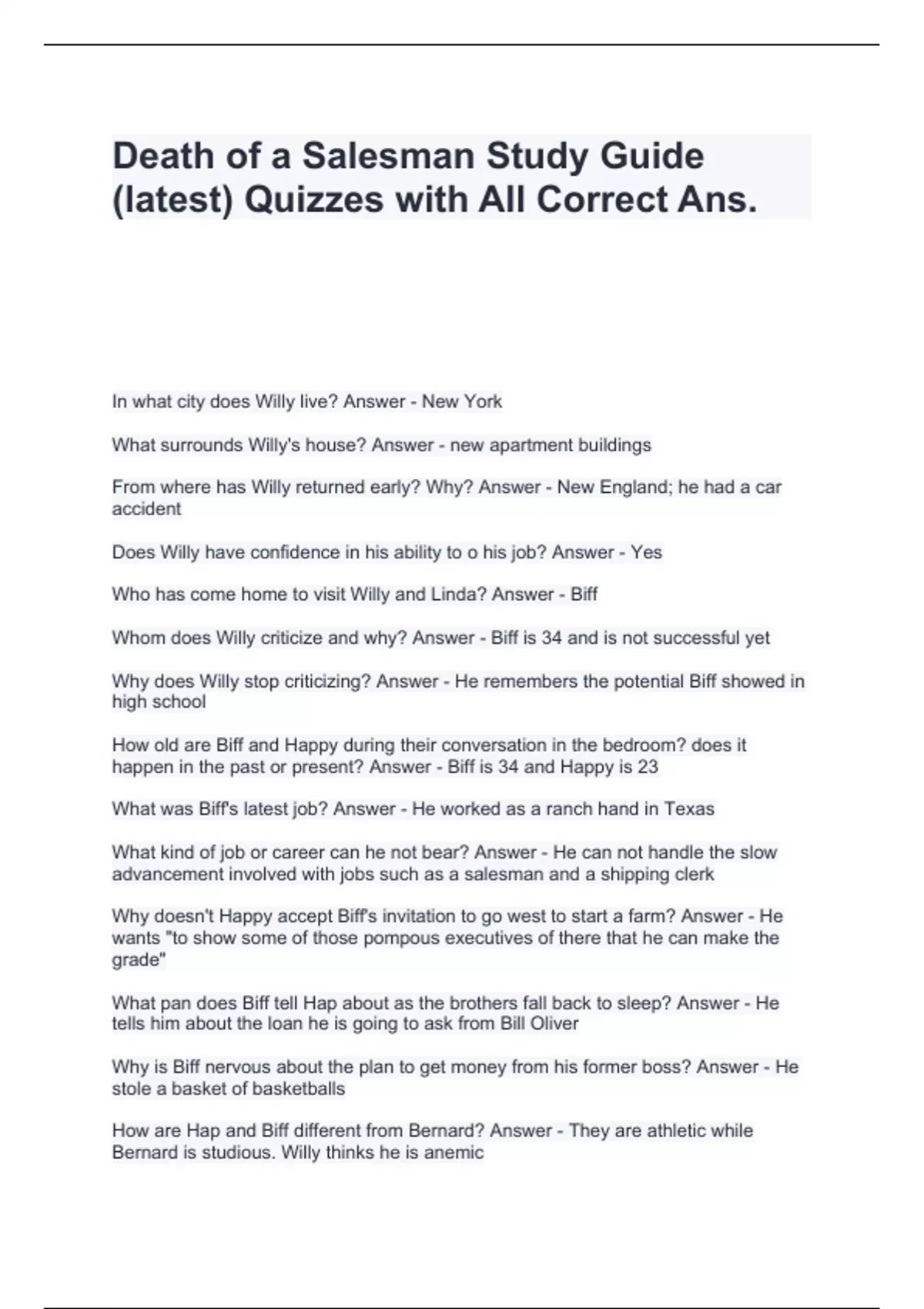 Death of a Salesman Study Guide (latest) Quizzes with All Correct Ans ...