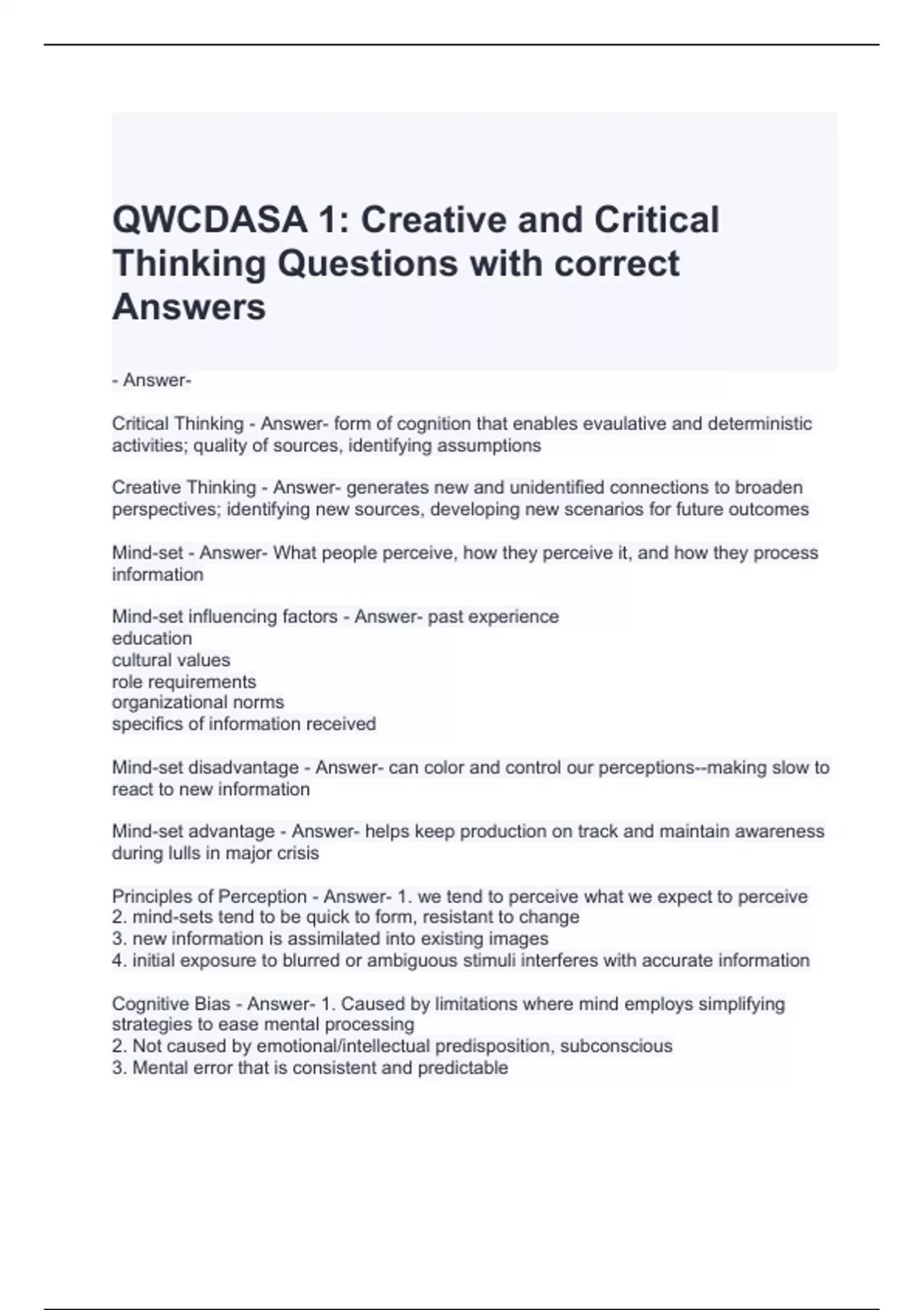 QWCDASA 1 Creative and Critical Thinking Questions with correct Answers ...