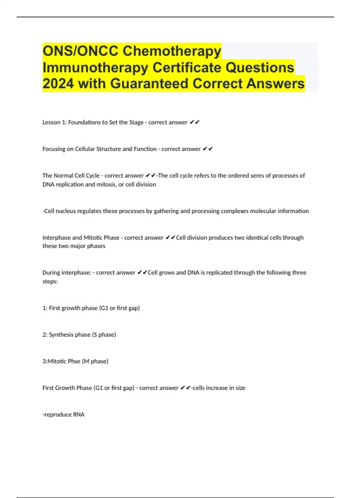 ONS ONCC Chemotherapy Immunotherapy Certificate Questions 2024 With