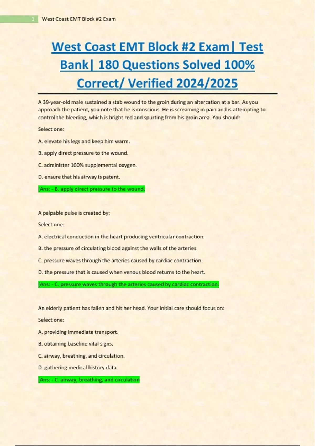 All Inclusive: West Coast EMT Block 2 Exam|West Coast EMT Block #2 Exam ...