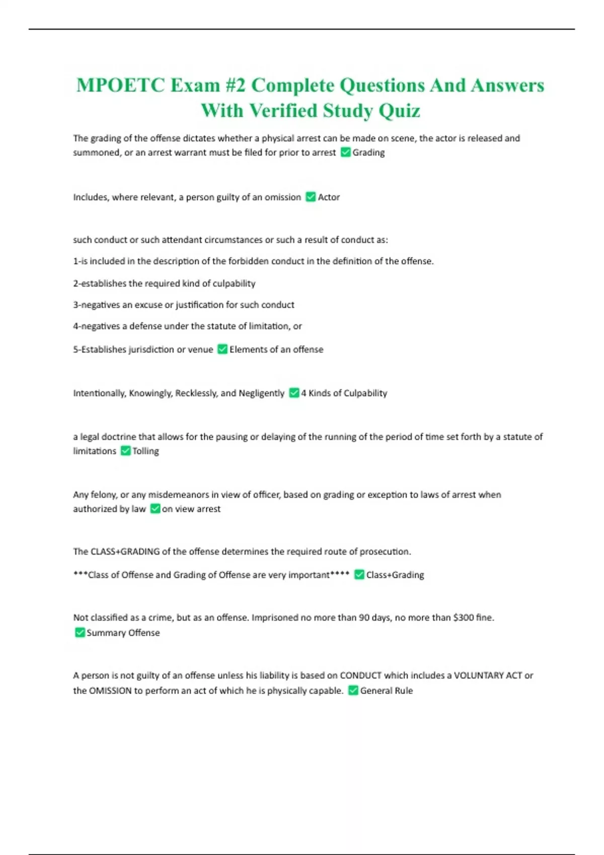 MPOETC Exam #2 Complete Questions And Answers With Verified Study Quiz ...
