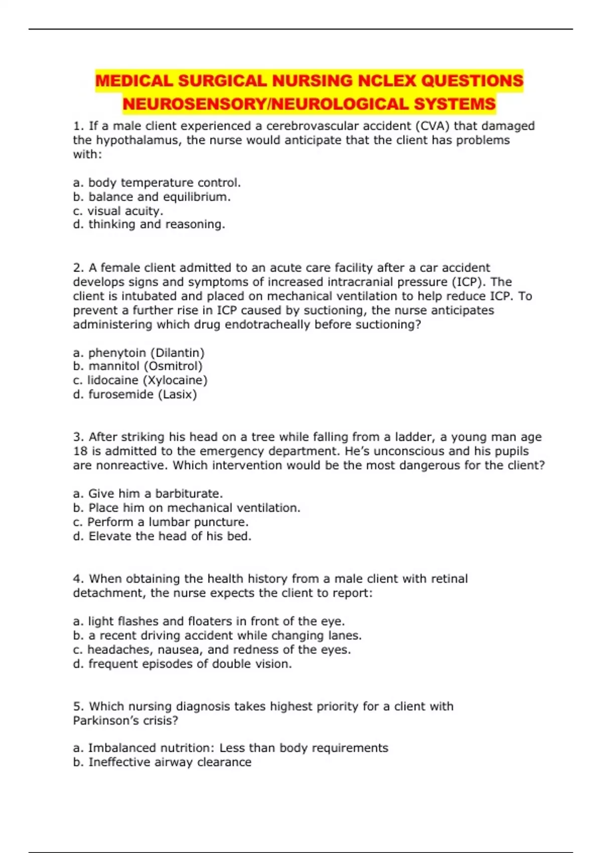 MEDICAL SURGICAL NURSING NCLEX QUESTIONS NEUROSENSORY/NEUROLOGICAL ...